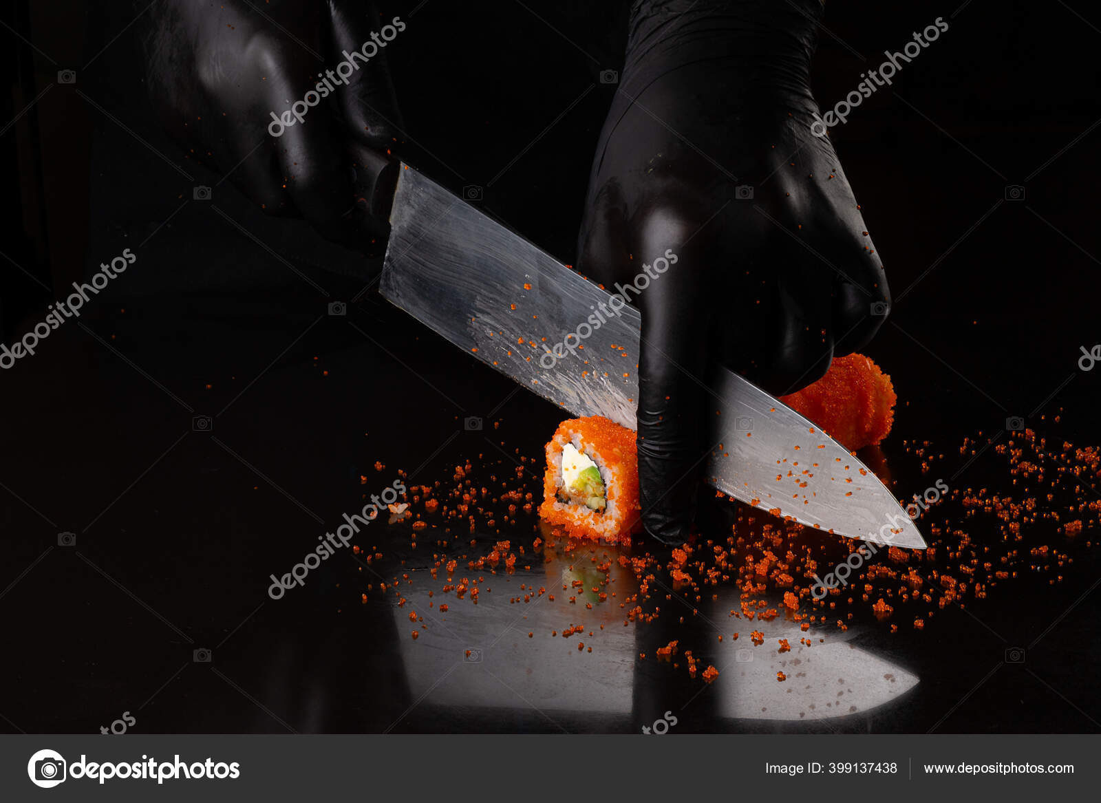 Process Cutting California Roll Sushi Red Masago Caviar Hand Black ...