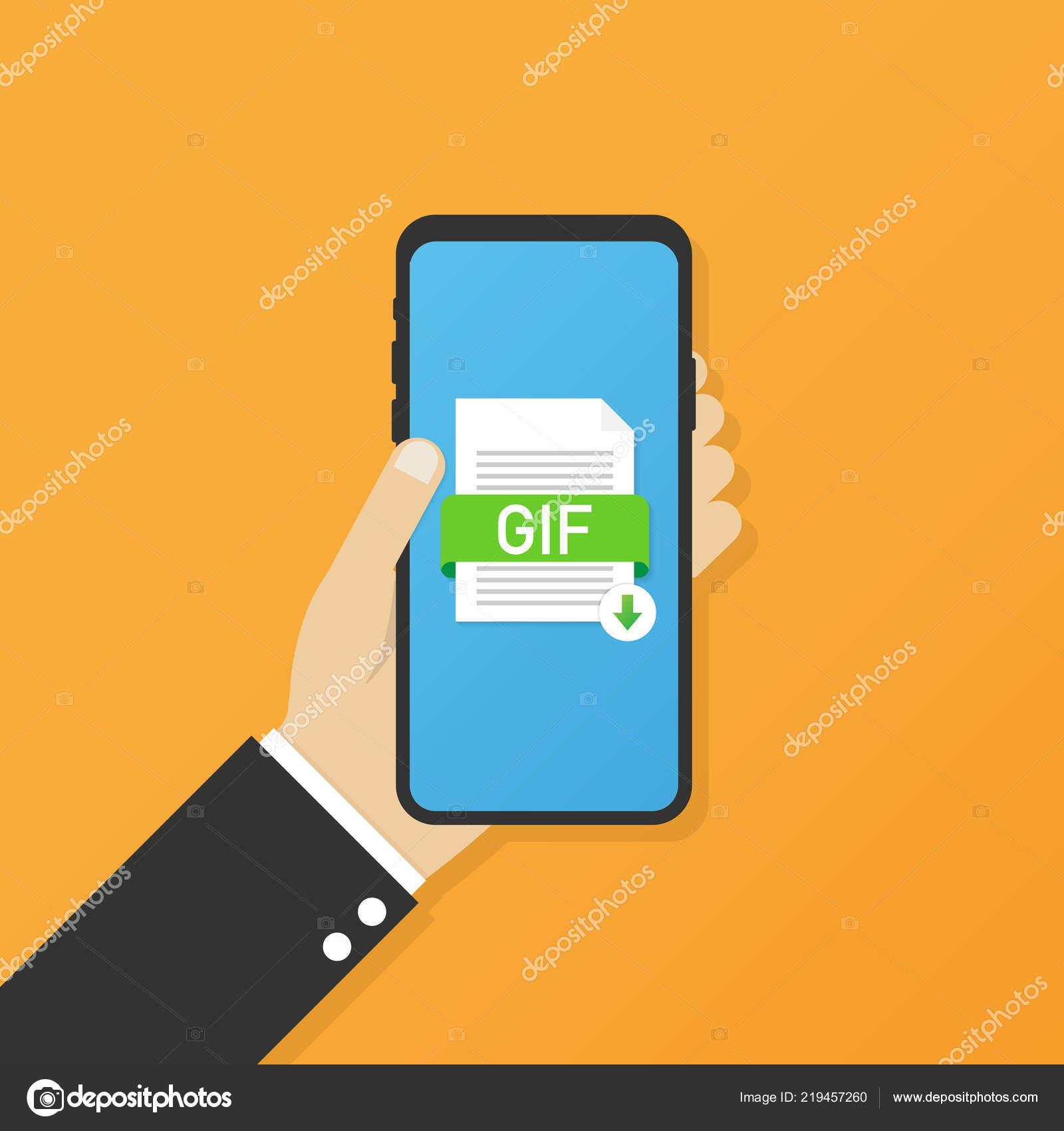 Download GIF button on smartphone screen. Downloading document concept ...