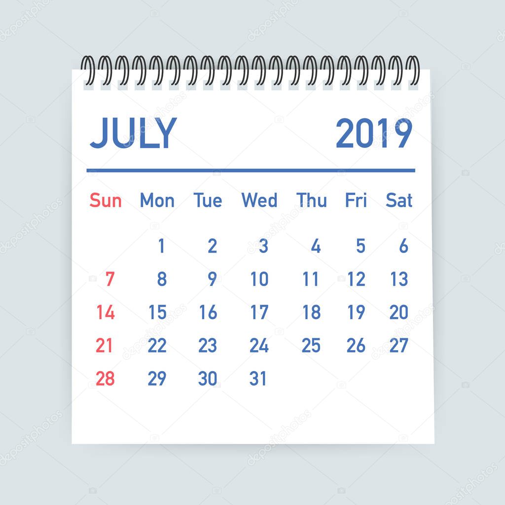 Julio 2019 Hoja de calendario. Calendario 2019 en estilo plano. Tamaño ...