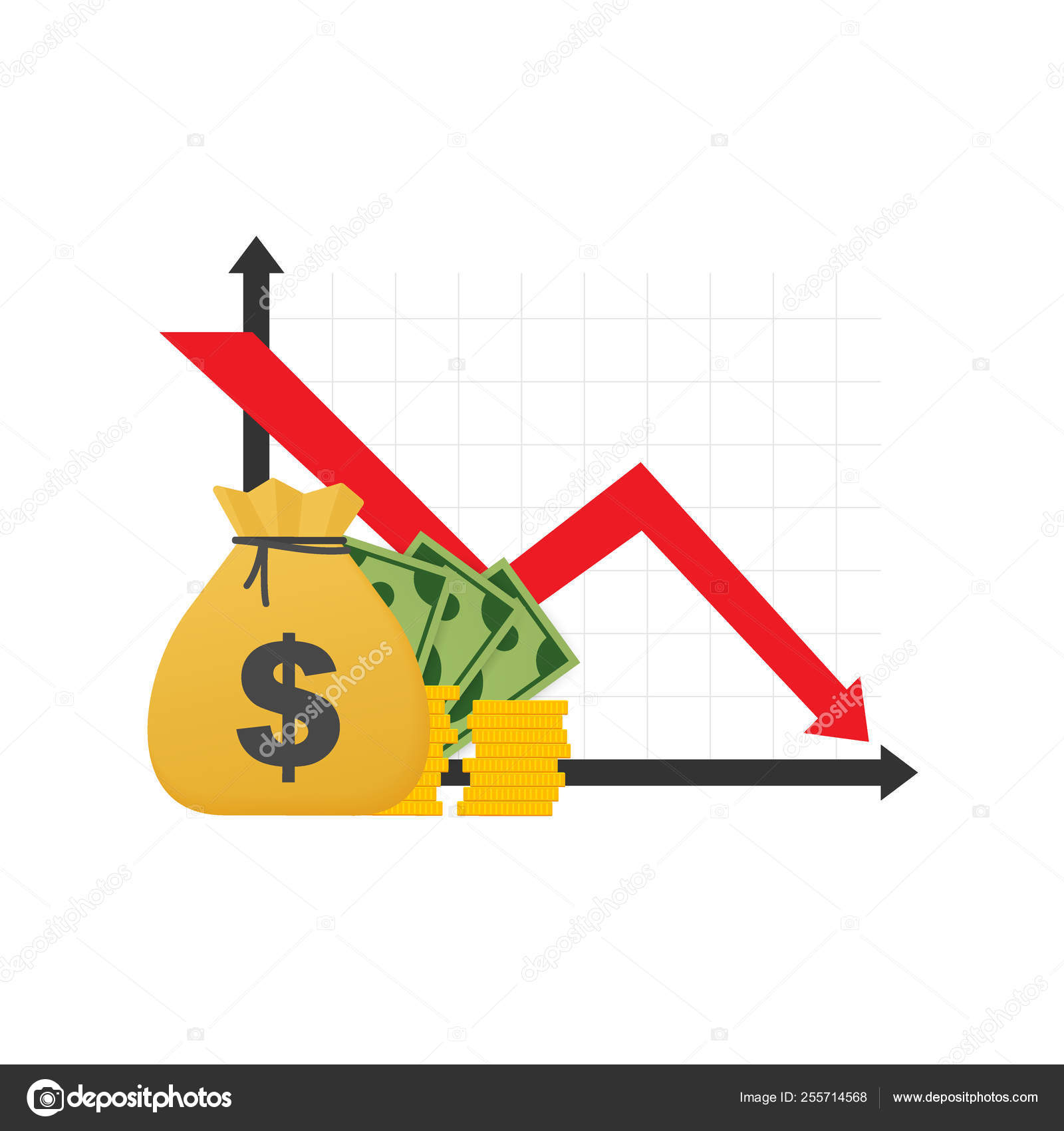 Money loss. Cash with down arrow stocks graph, concept of financial ...