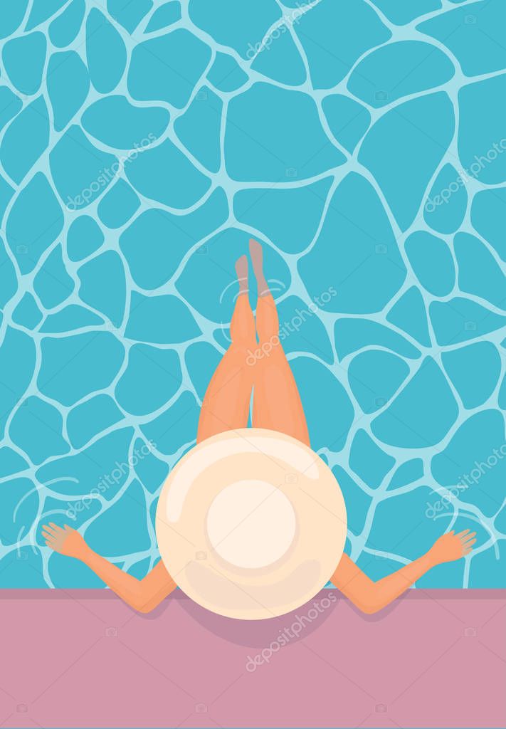 vector ilustraci n de la mujer en sombrero relajante en el agua de la piscina, vista superior 2024