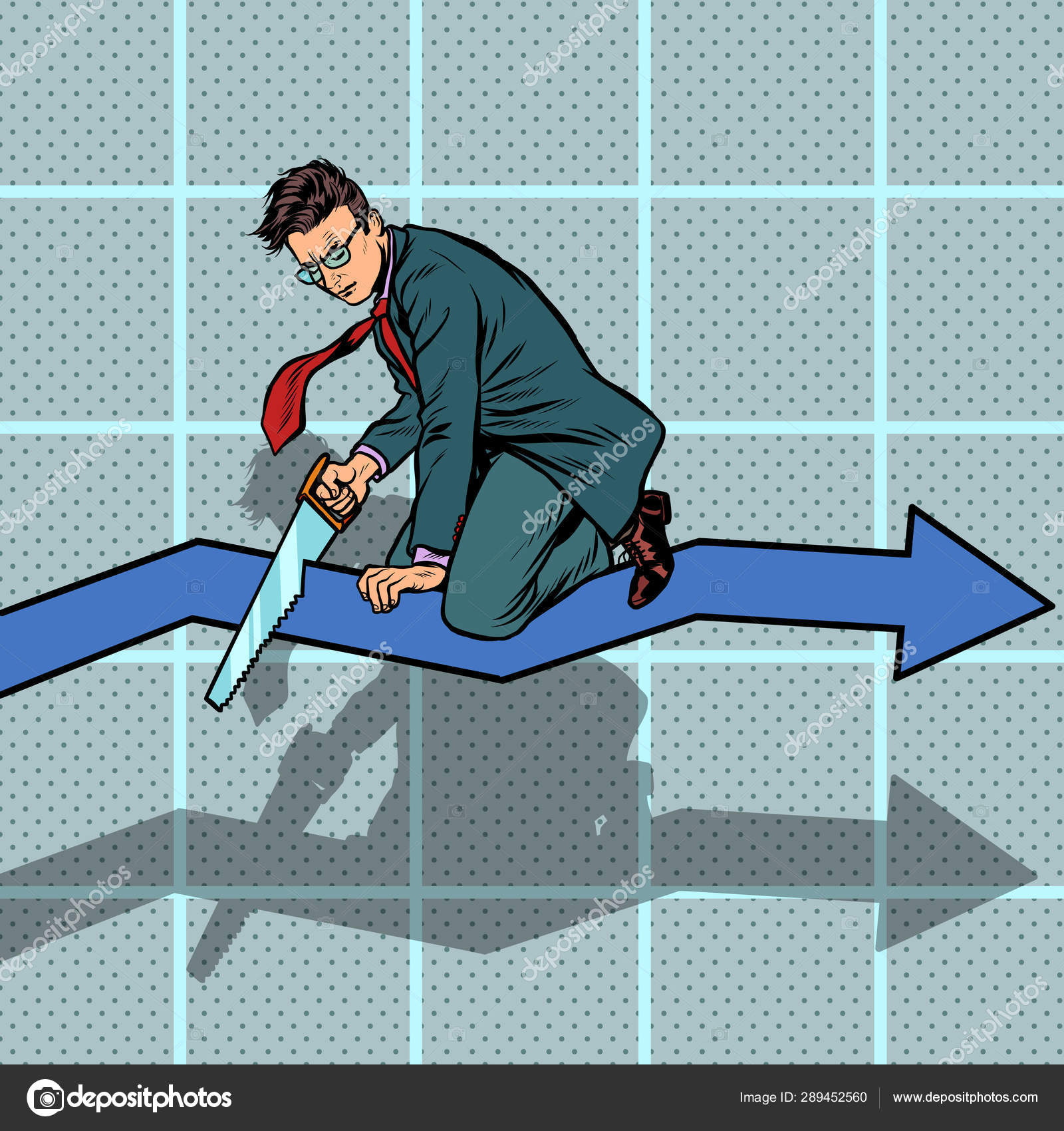 Businessman sawing curve graph. self-destruction stupidity and ...