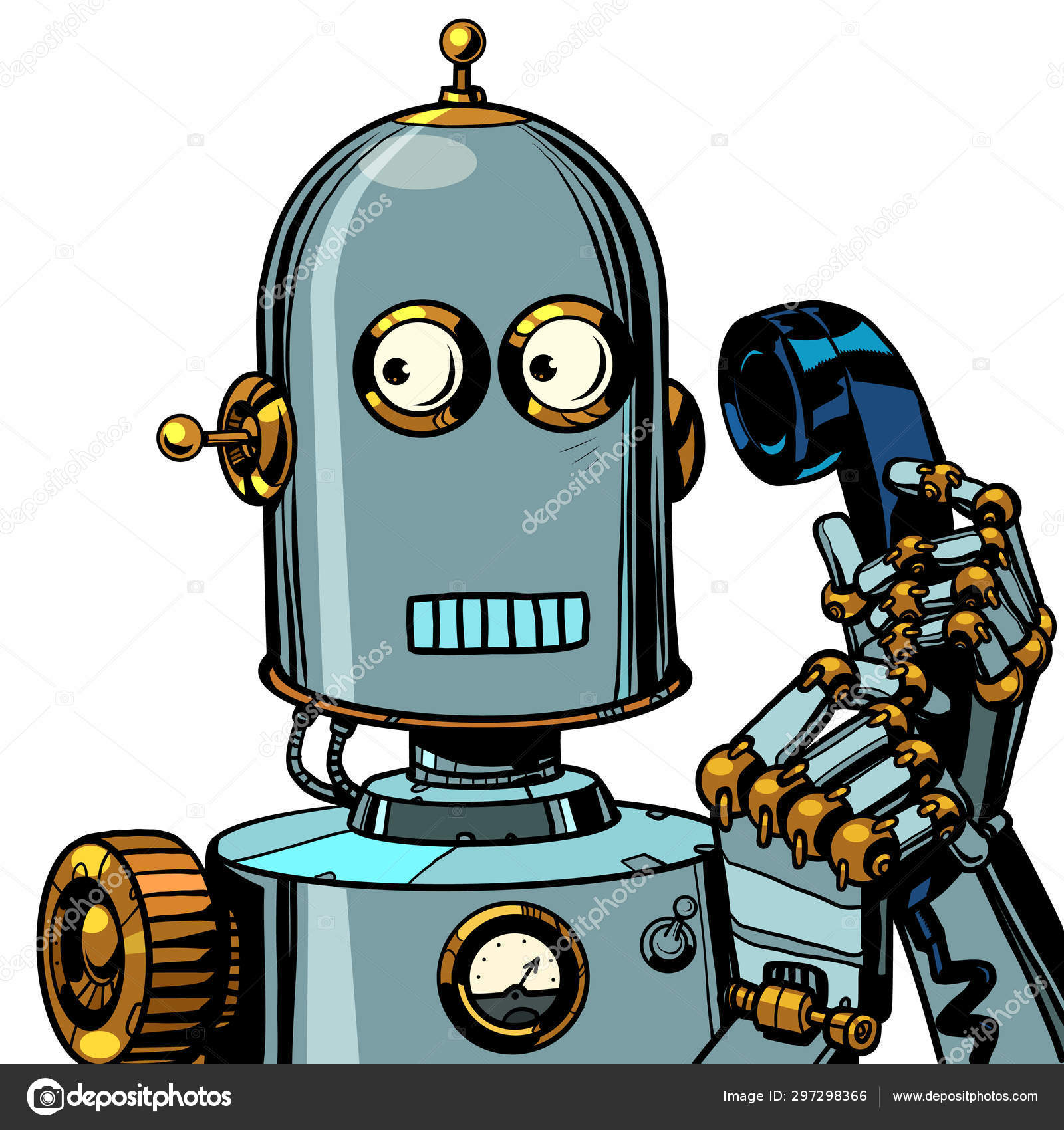 Scared funny robot talking on a retro phone. isolate on white ...
