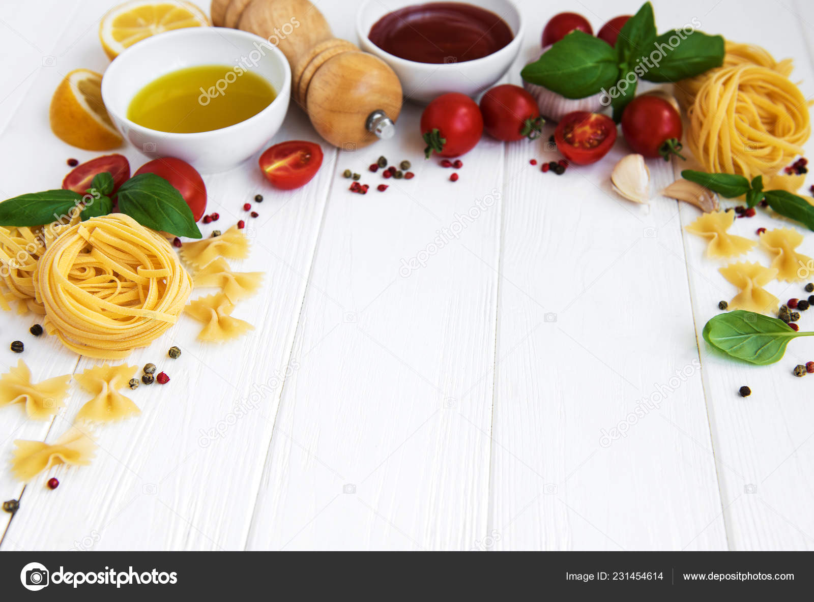 Italian Food Ingredients Olive Oil Spices Pasta Tomatoes White Wooden ...