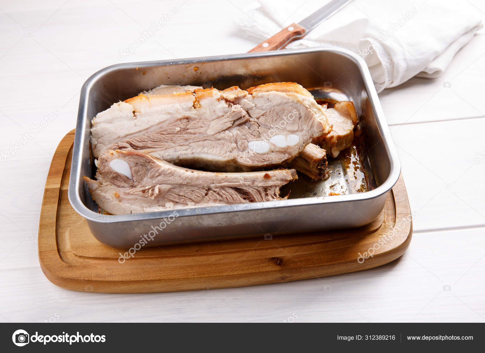 Roasted pork brisket. Grilled pork ribs. Skin on. — Stock Photo ...