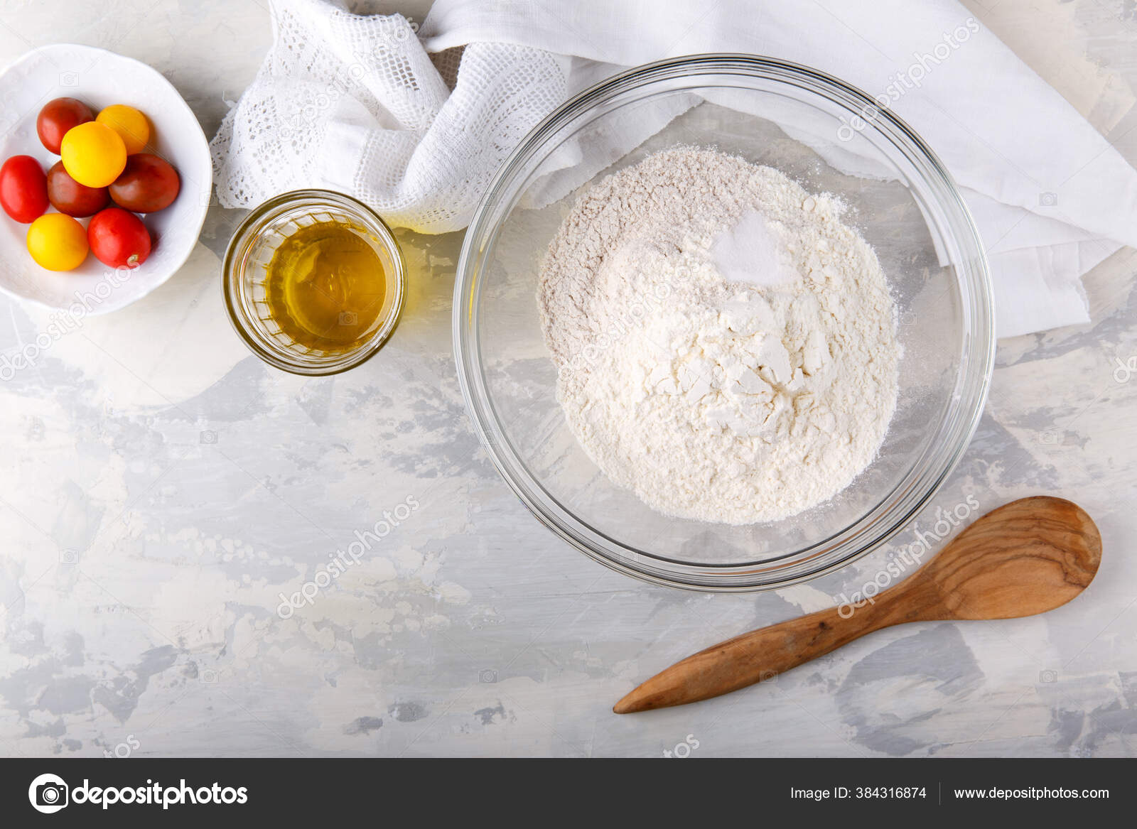 White Whole Grained Flour Baking Powder Glass Bowl Make Dough — Stock ...