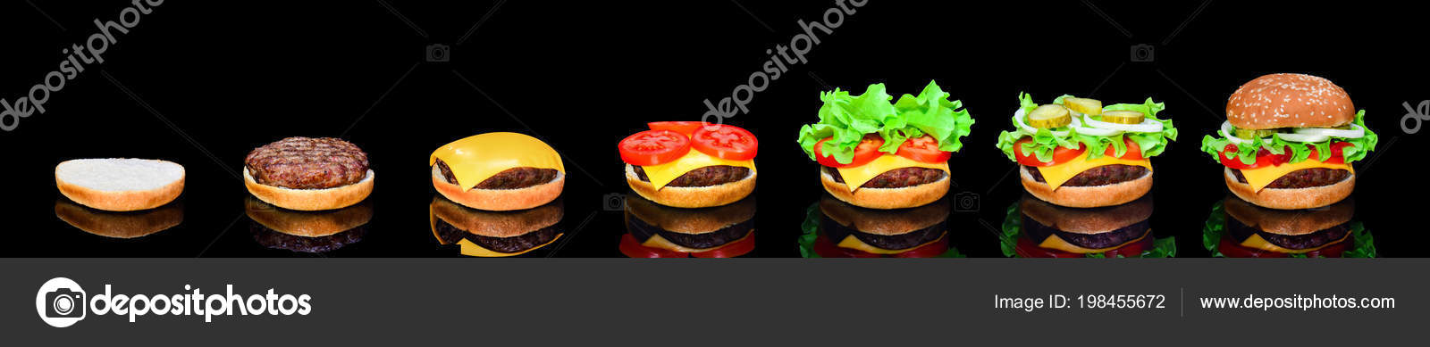 Process making of burger, step by step isolated on black background ...