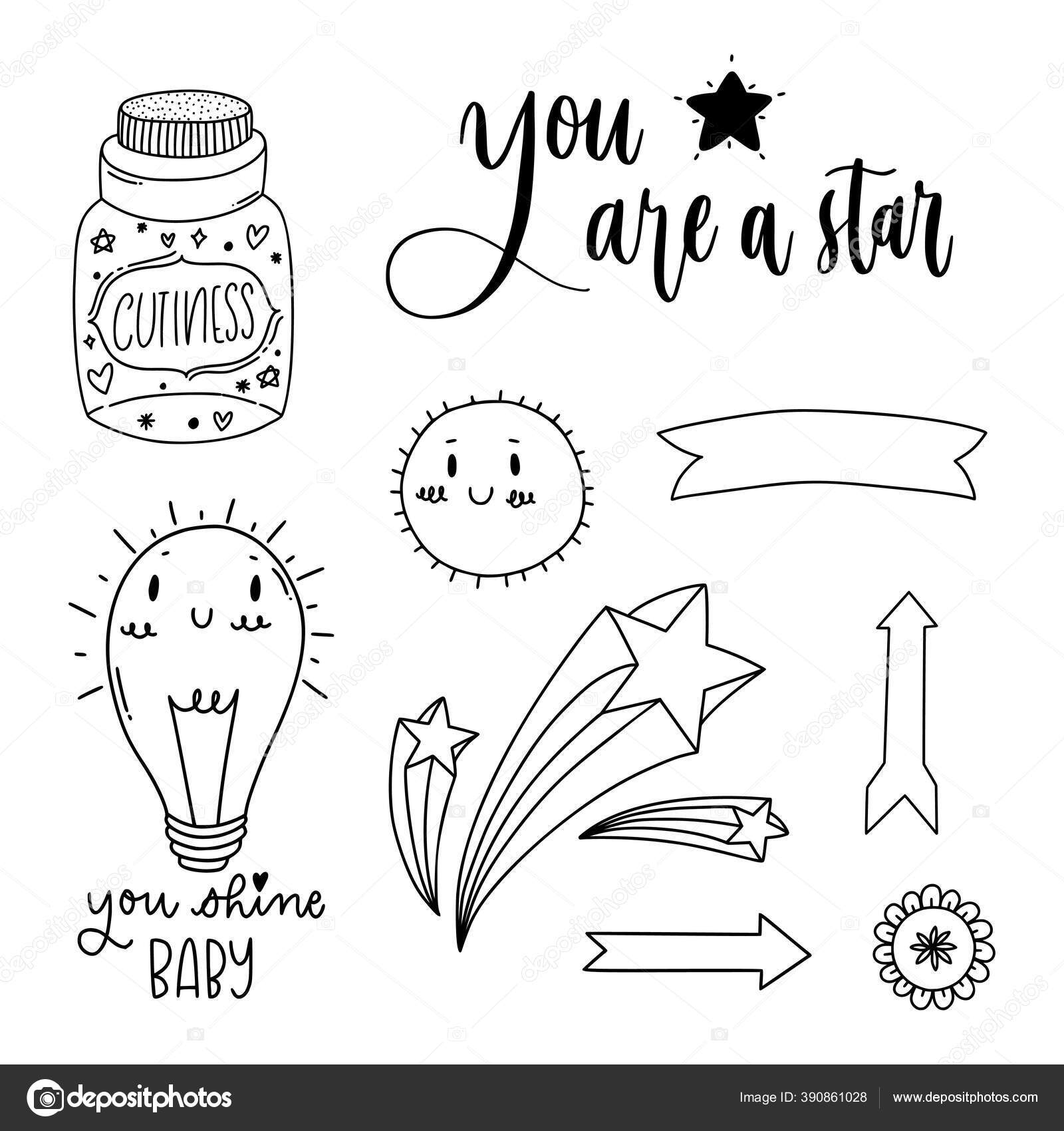 Set Hand Drawn Cute Modern Stickers Lovely Simple Illustrations Fashion ...