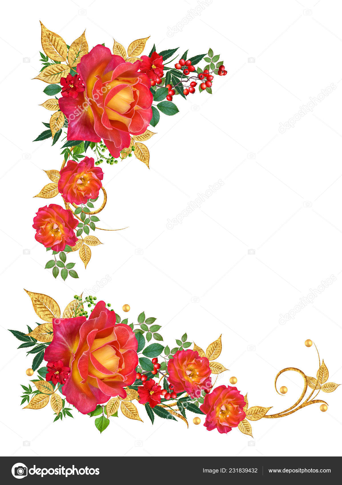 Decorative Corner Vignette Golden Curl Glittering Leaves Flower Rinds ...