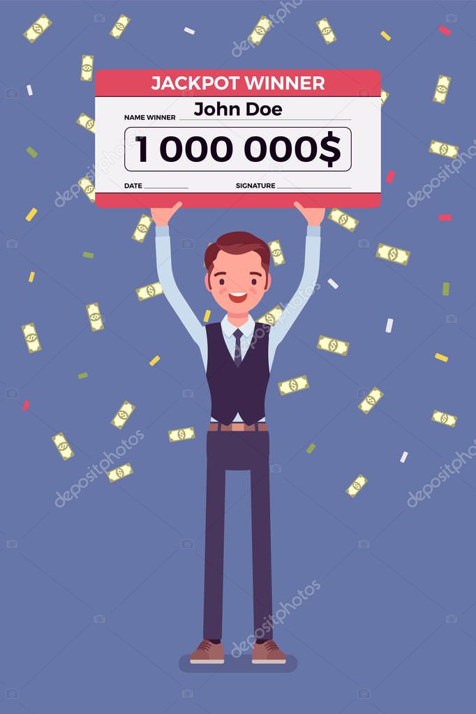 Billete de lotería ganador, hombre feliz sosteniendo cheque gigante 2022