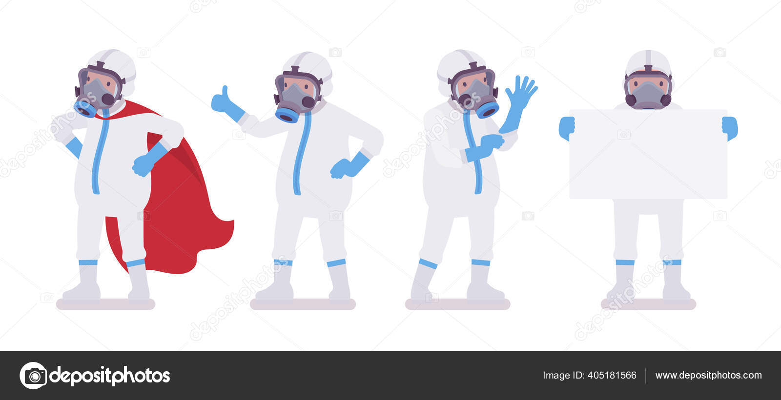 Man in disposable coverall, red cloak, holding white banner Stock ...