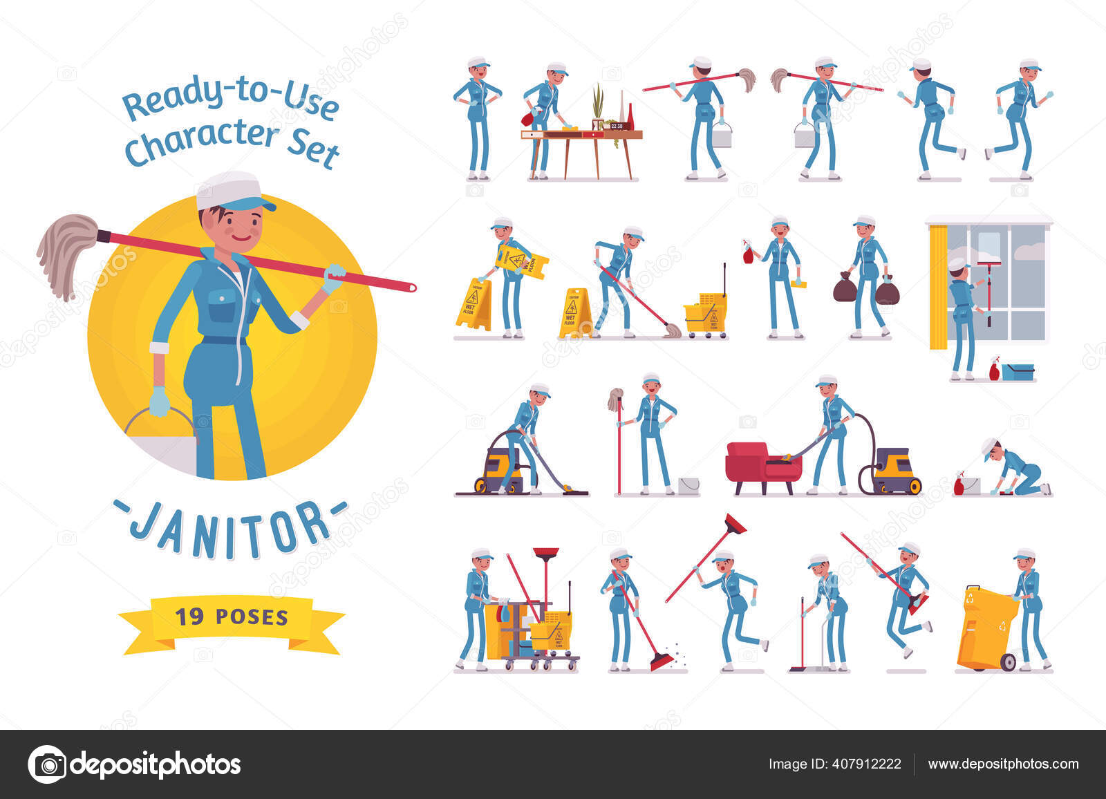 Ready-to-use female janitor character set, various poses and emotions ...