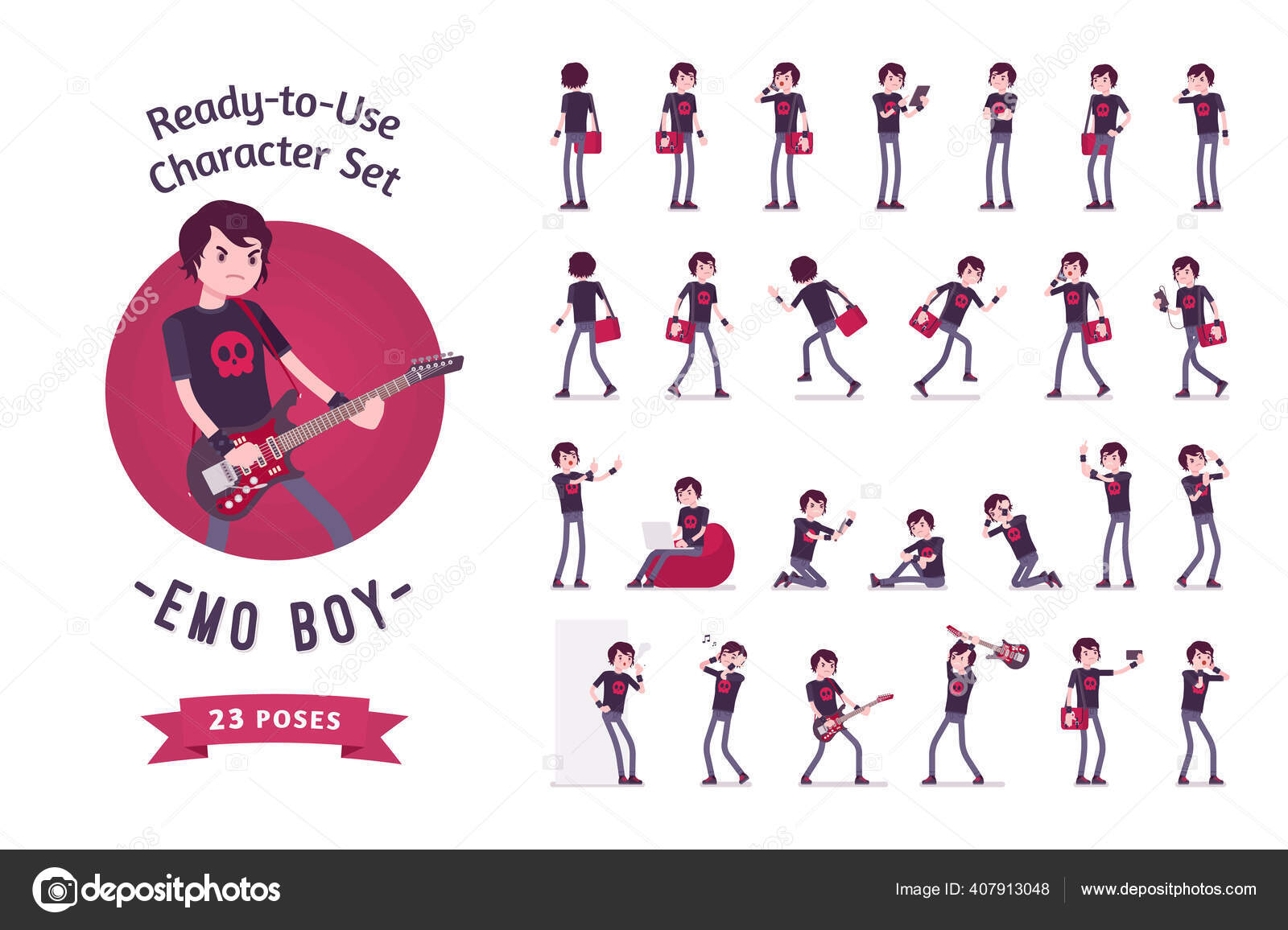 Ready-to-use emo boy character set, various poses and emotions Stock ...