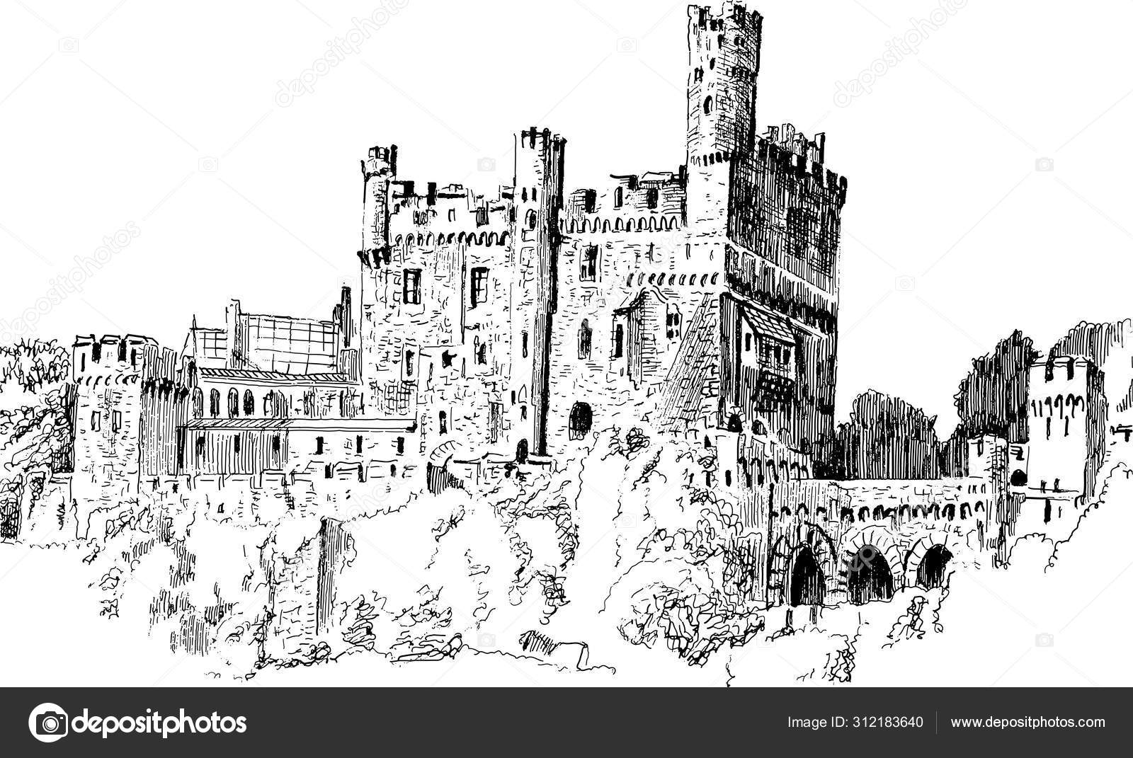 Castillo medieval aislado sobre fondo blanco. Dibujo gráfico. Vector ...