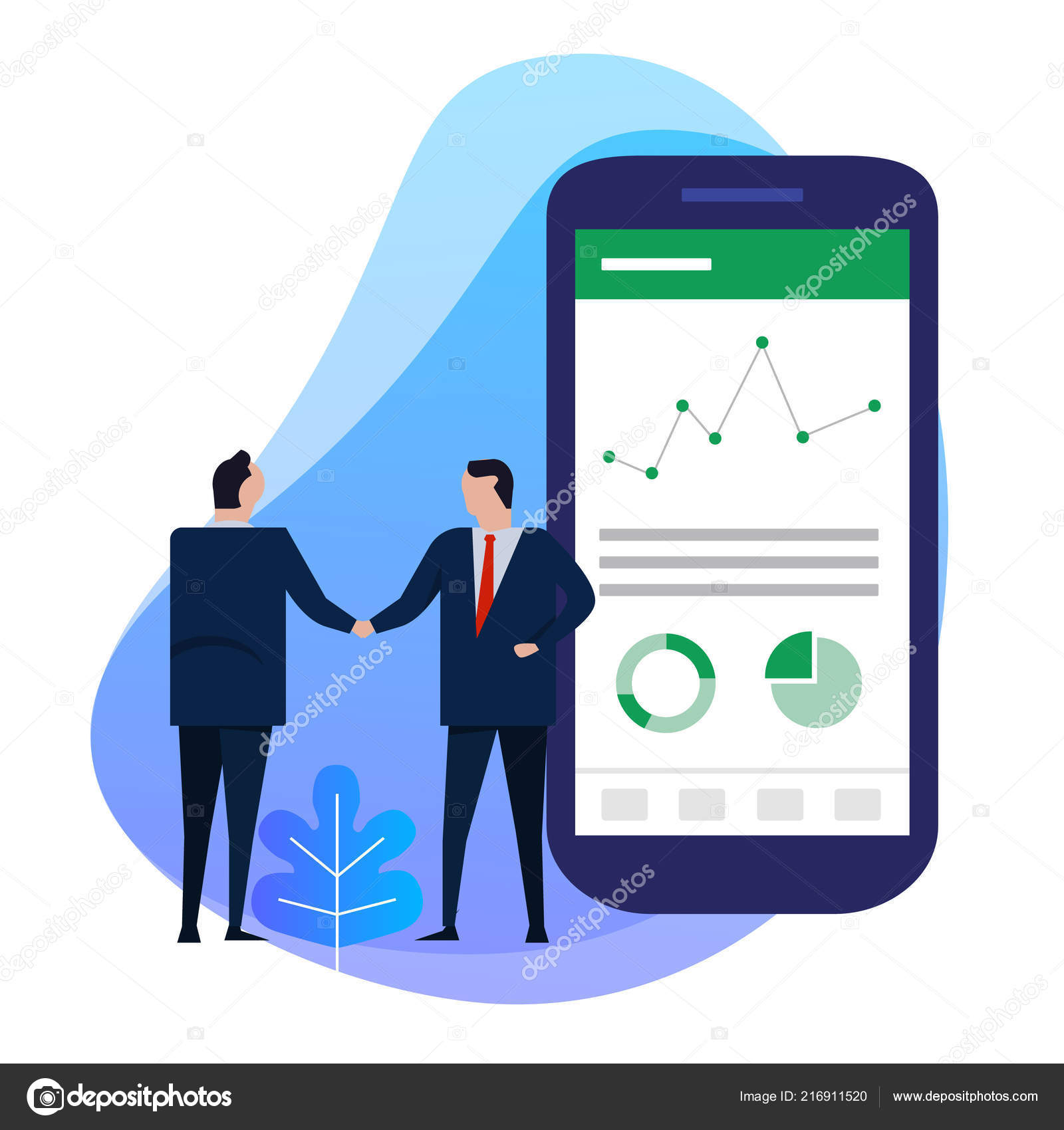 Business man hand shake with big smart phone shows analytics chart data ...