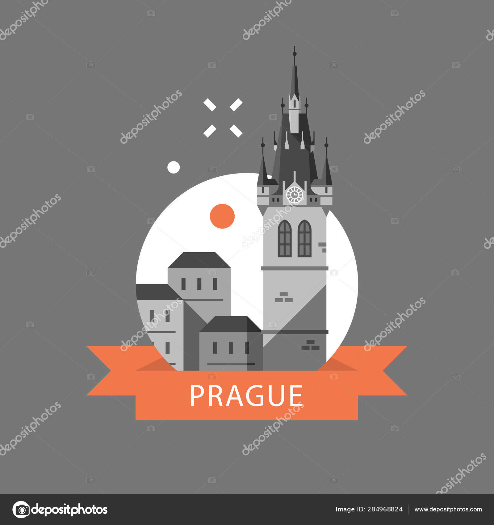 Prague symbol, old town, tower with clock and group of houses, Czech ...