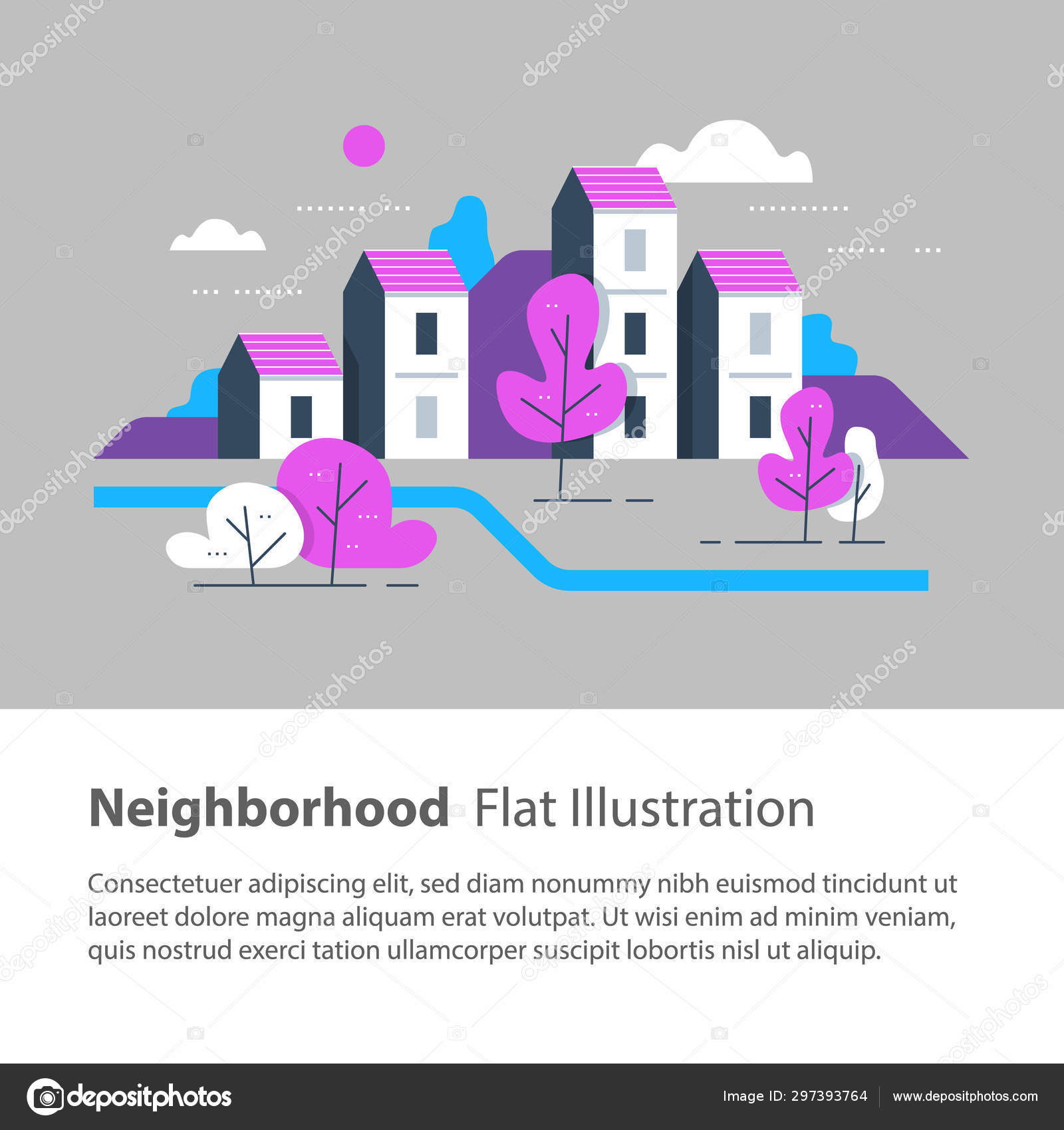River side settlement, cozy town, row of houses by the river with trees ...
