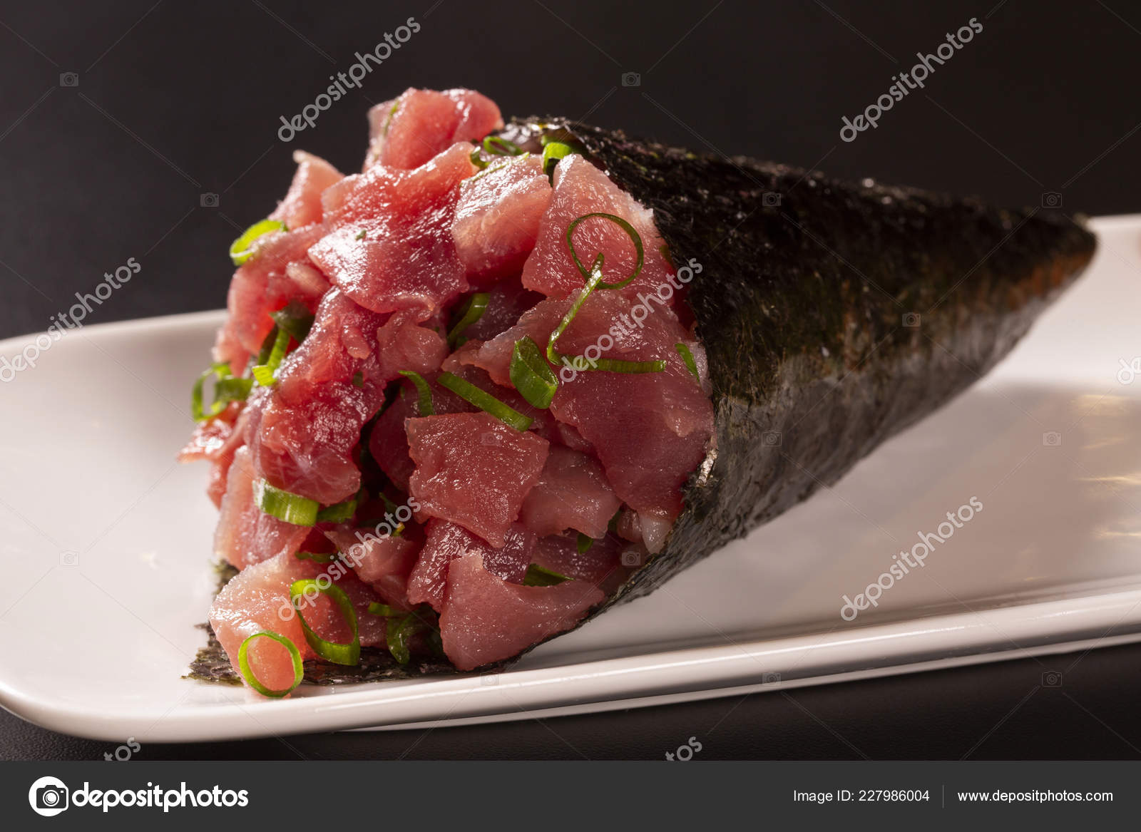 Tuna Fish Temaki Sushi White Plate Black Background Stock Photo by ...