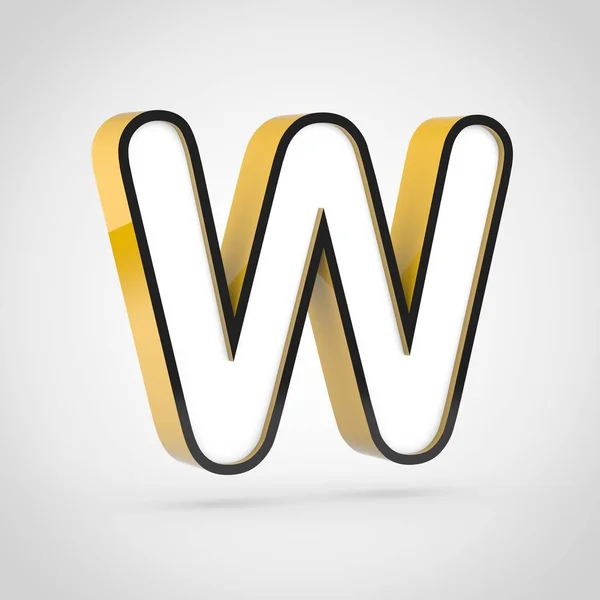 Golden letter W uppercase with white face and black outline. 3D render ...