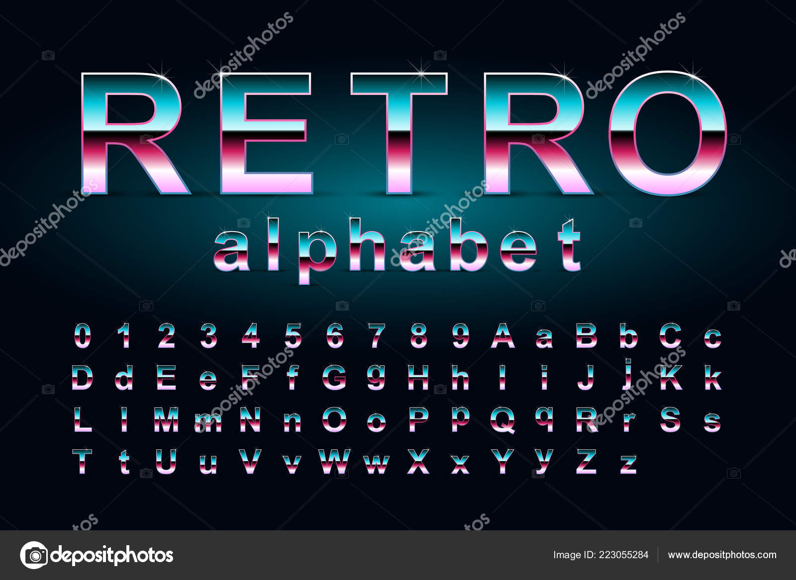 Retro Alphabet Shiny Metallic 80'S Style Vector Font Isolated Dark ...