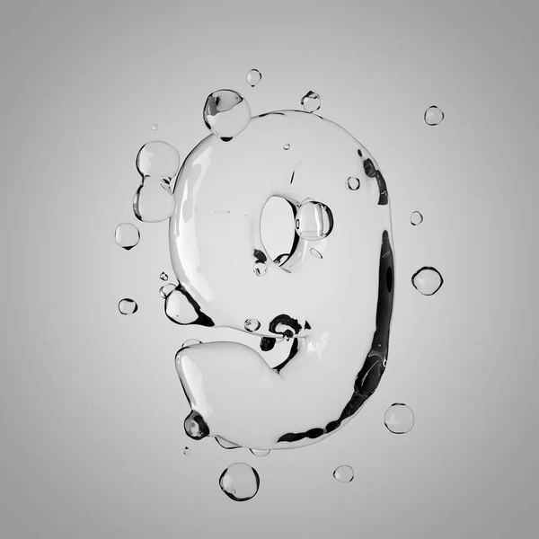 3D water number 9. 3D rendering transparent water font with drops ...
