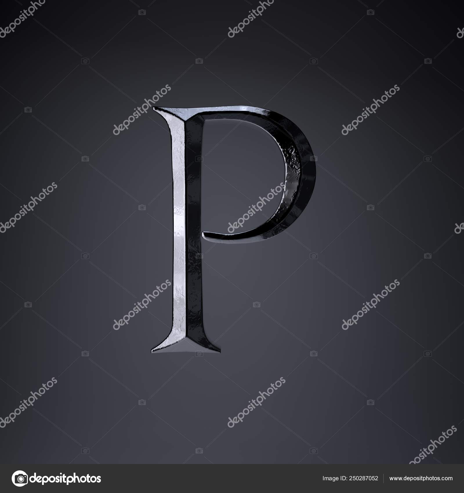 Chiseled iron letter P uppercase. 3d render game or movie title font ...