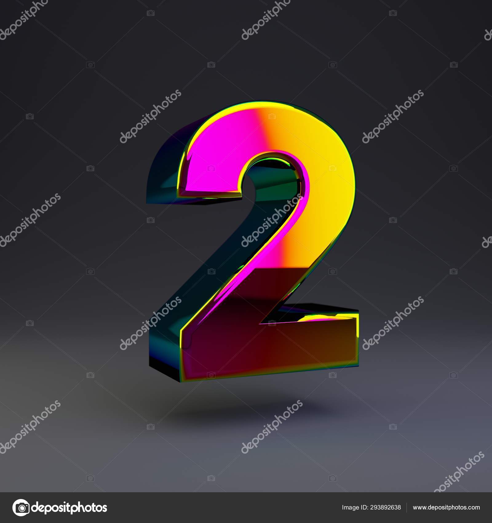 Holographic 3d number 2. Glossy font with multicolor reflections and ...