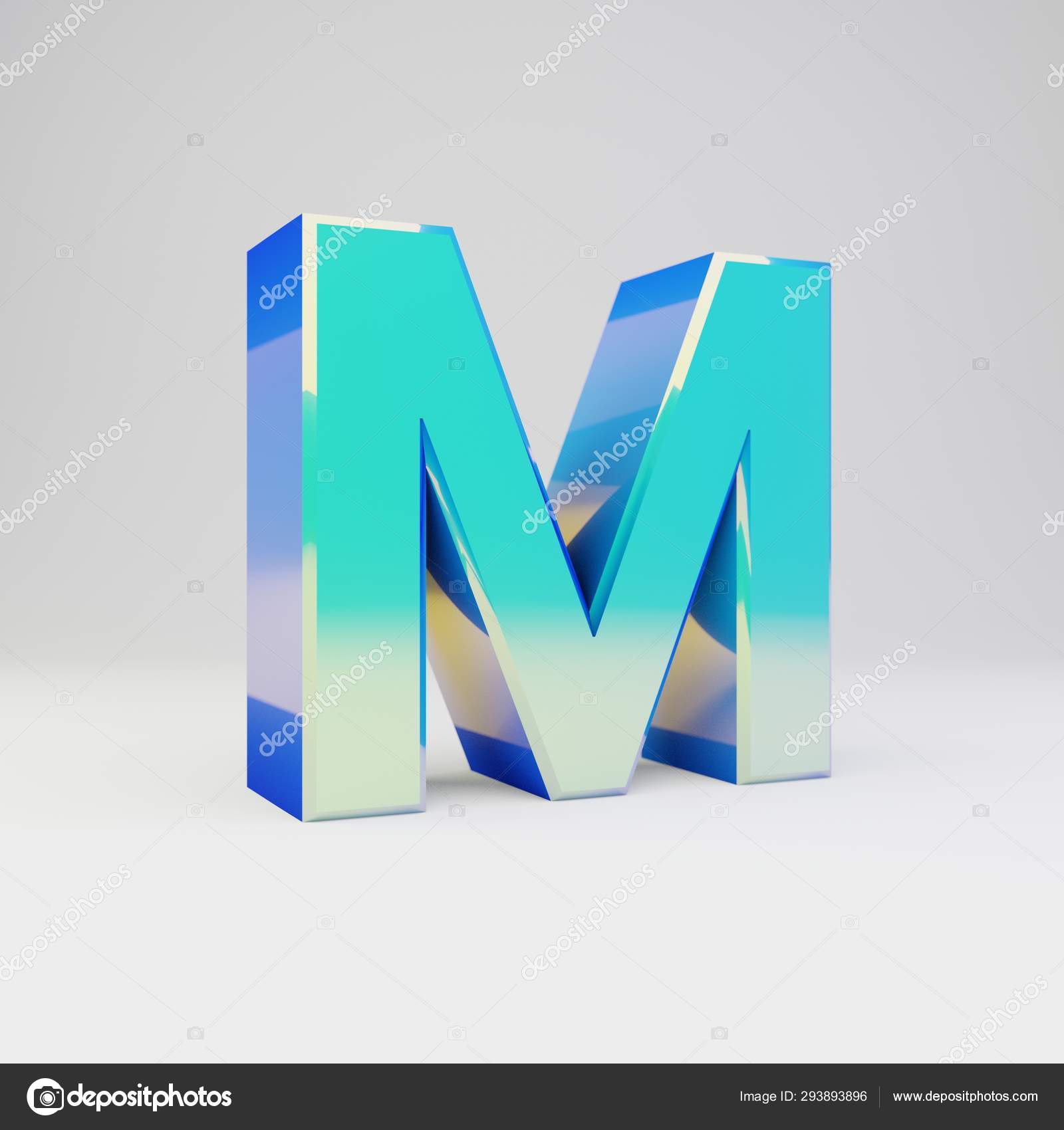 Sky blue 3d letter M uppercase. Metal font with glossy reflections and ...