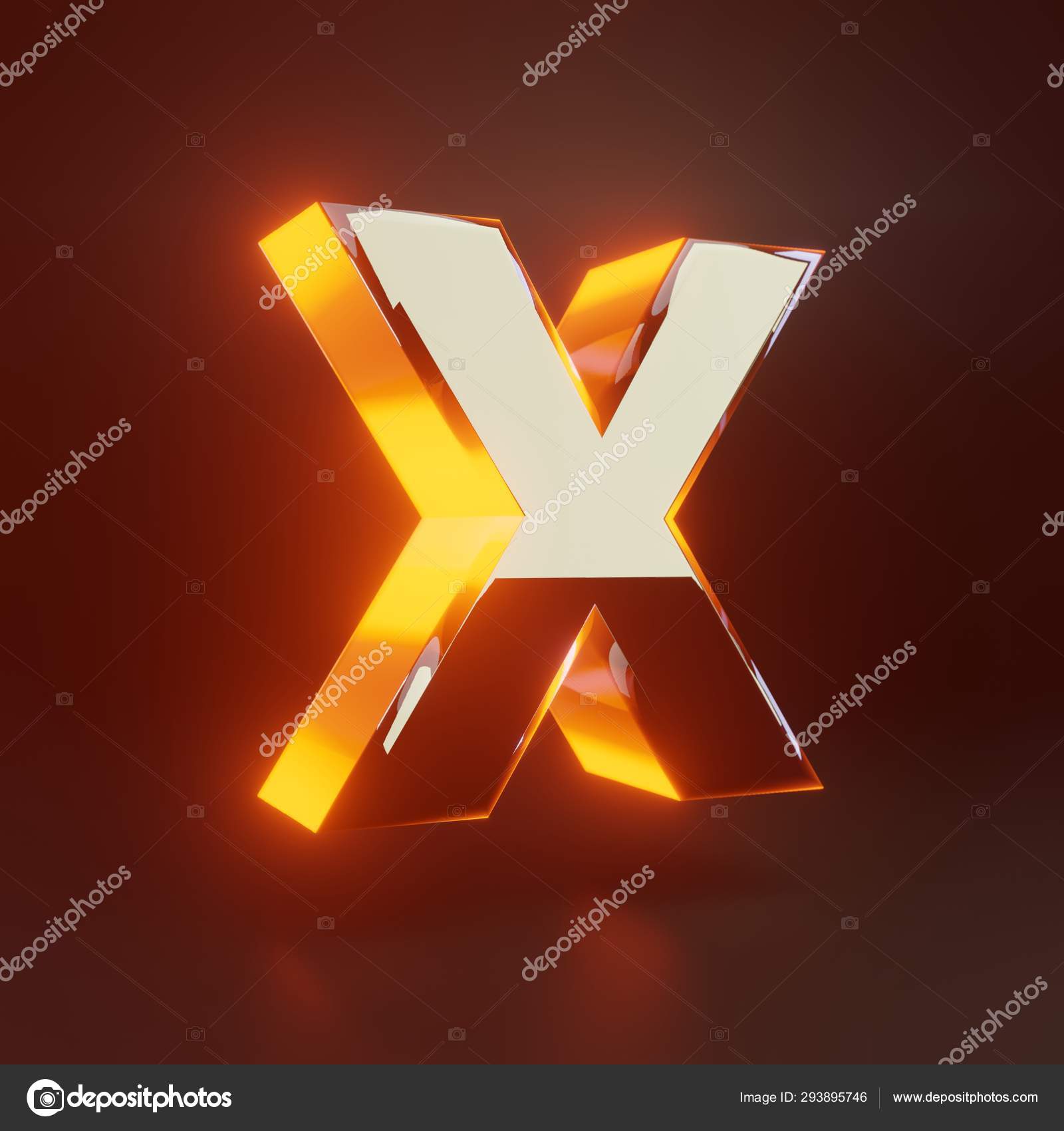 3d letter X uppercase. Glowing glossy metallic font with orange lights isolated on black ...