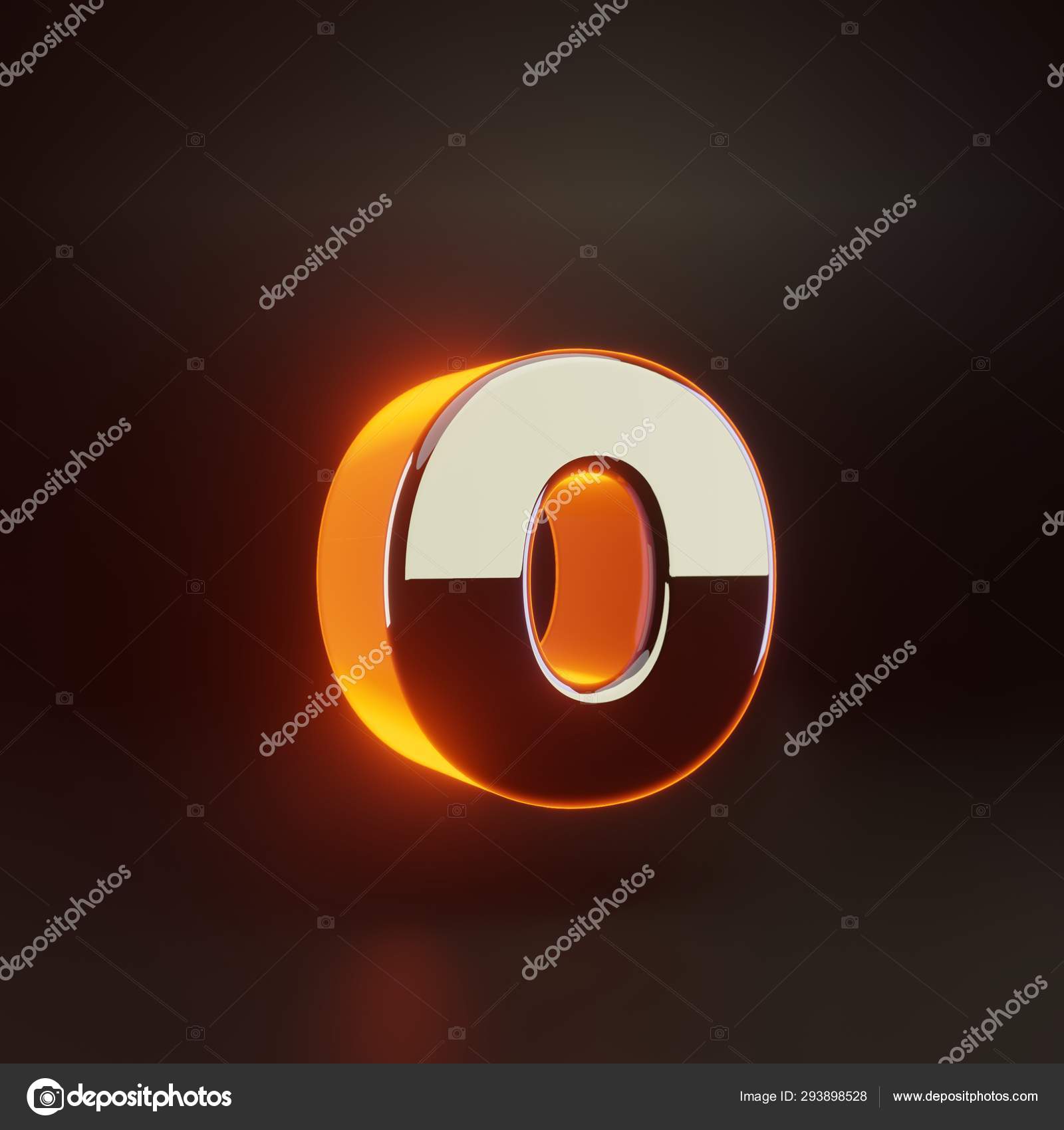 3d letter O lowercase. Glowing glossy metallic font with orange lights ...