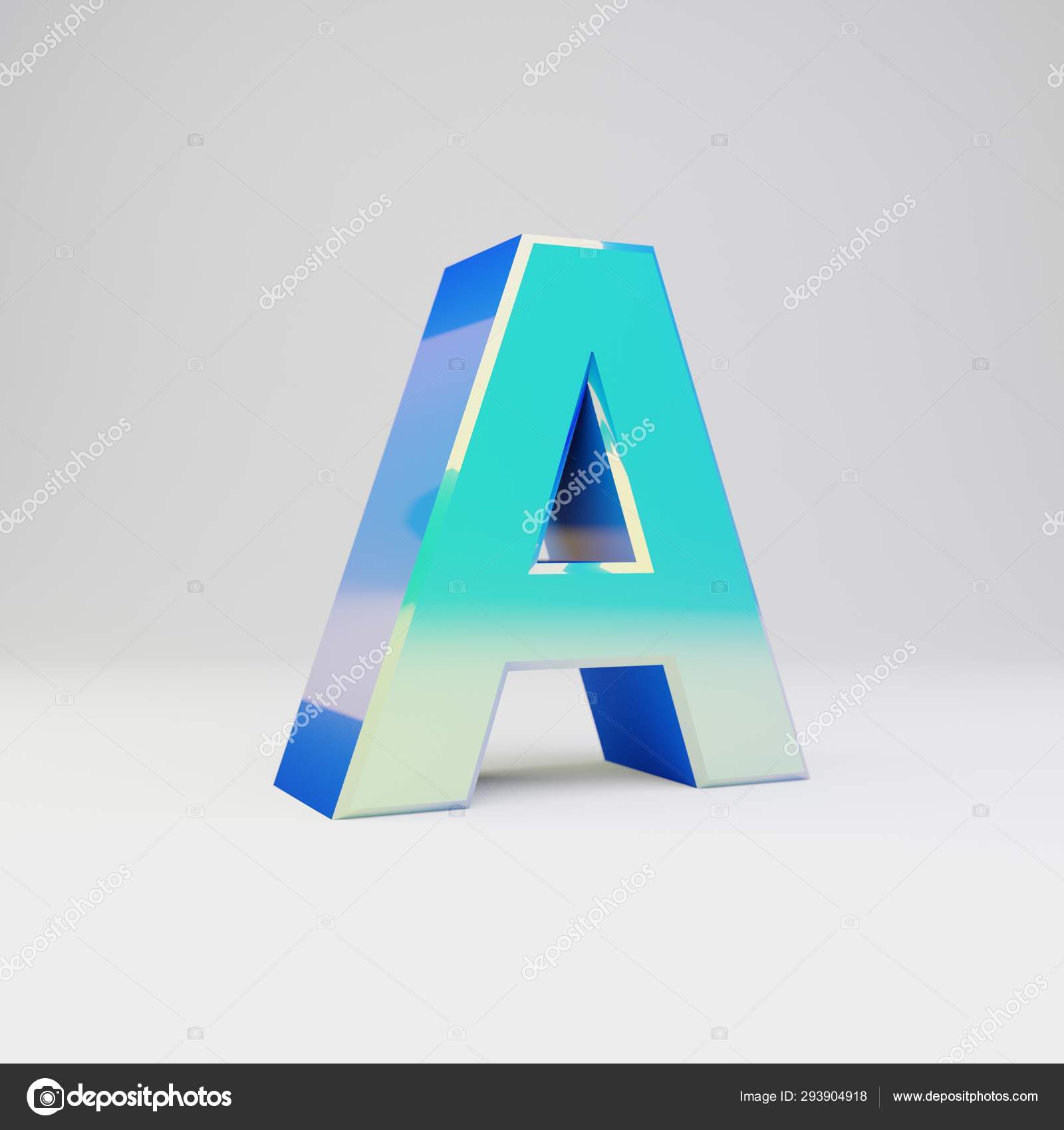 Sky blue 3d letter A uppercase. Metal font with glossy reflections and ...
