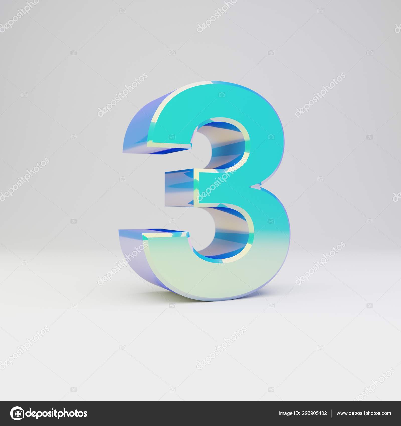 Sky blue 3d number 3. Metal font with glossy reflections and shadow ...