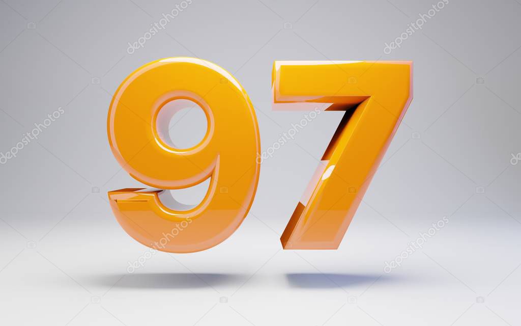 Number 97 isolated on white background. 3D rendered glossy orange ...