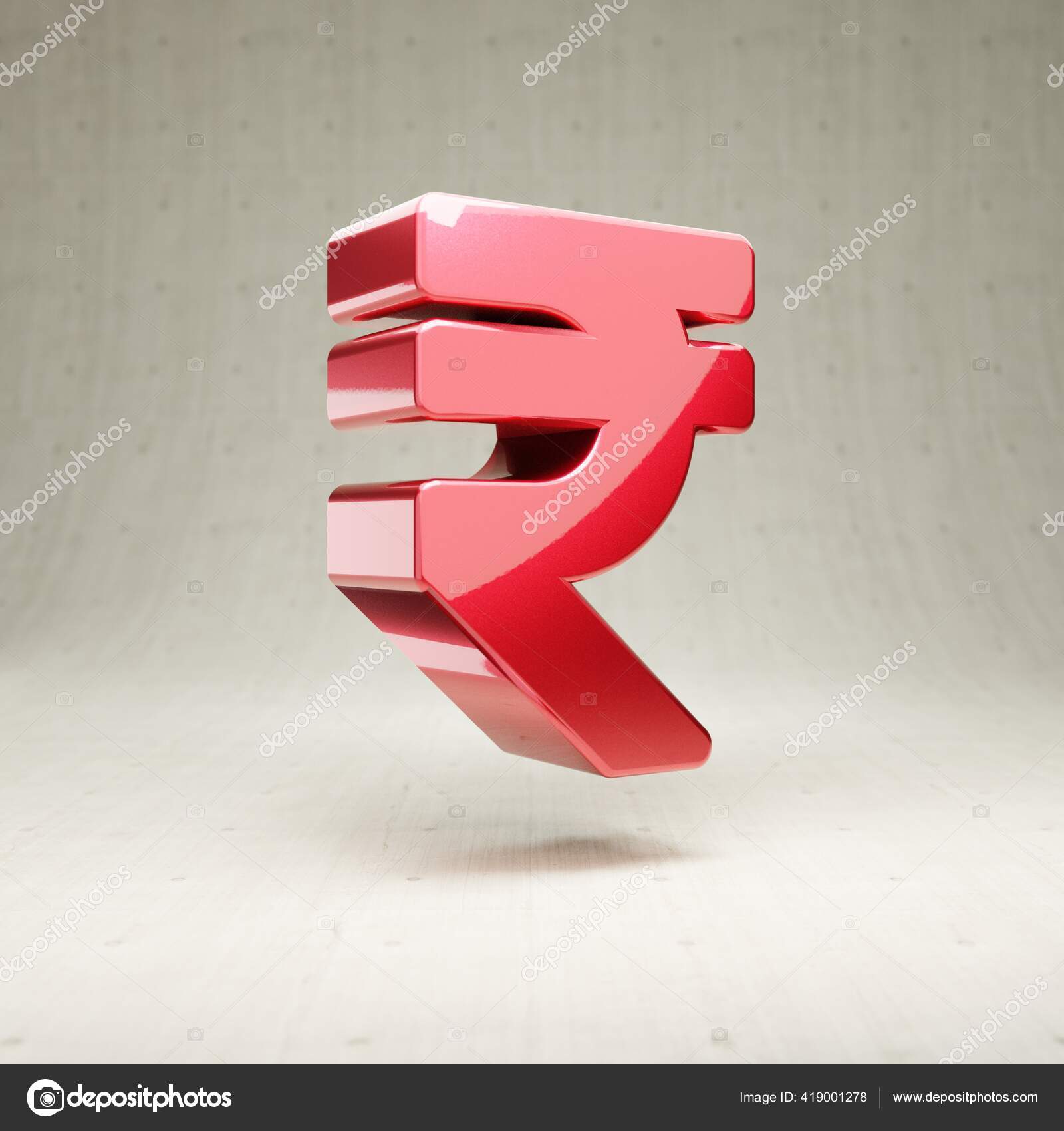 Rupee icon. Red glossy metallic Rupee symbol isolated on white concrete ...