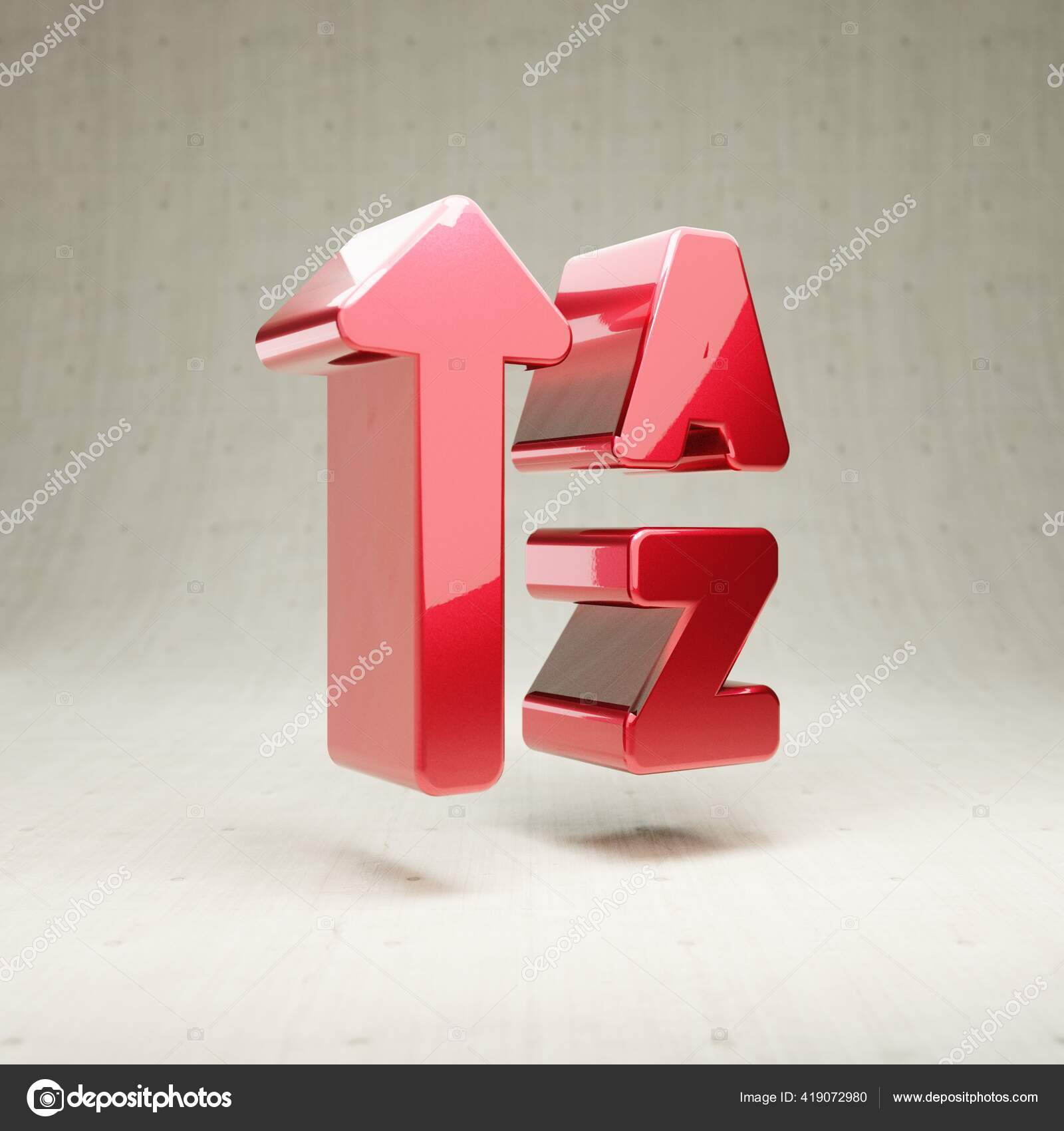 Sort A-Z icon. Red glossy metallic Sort A-Z symbol isolated on white ...