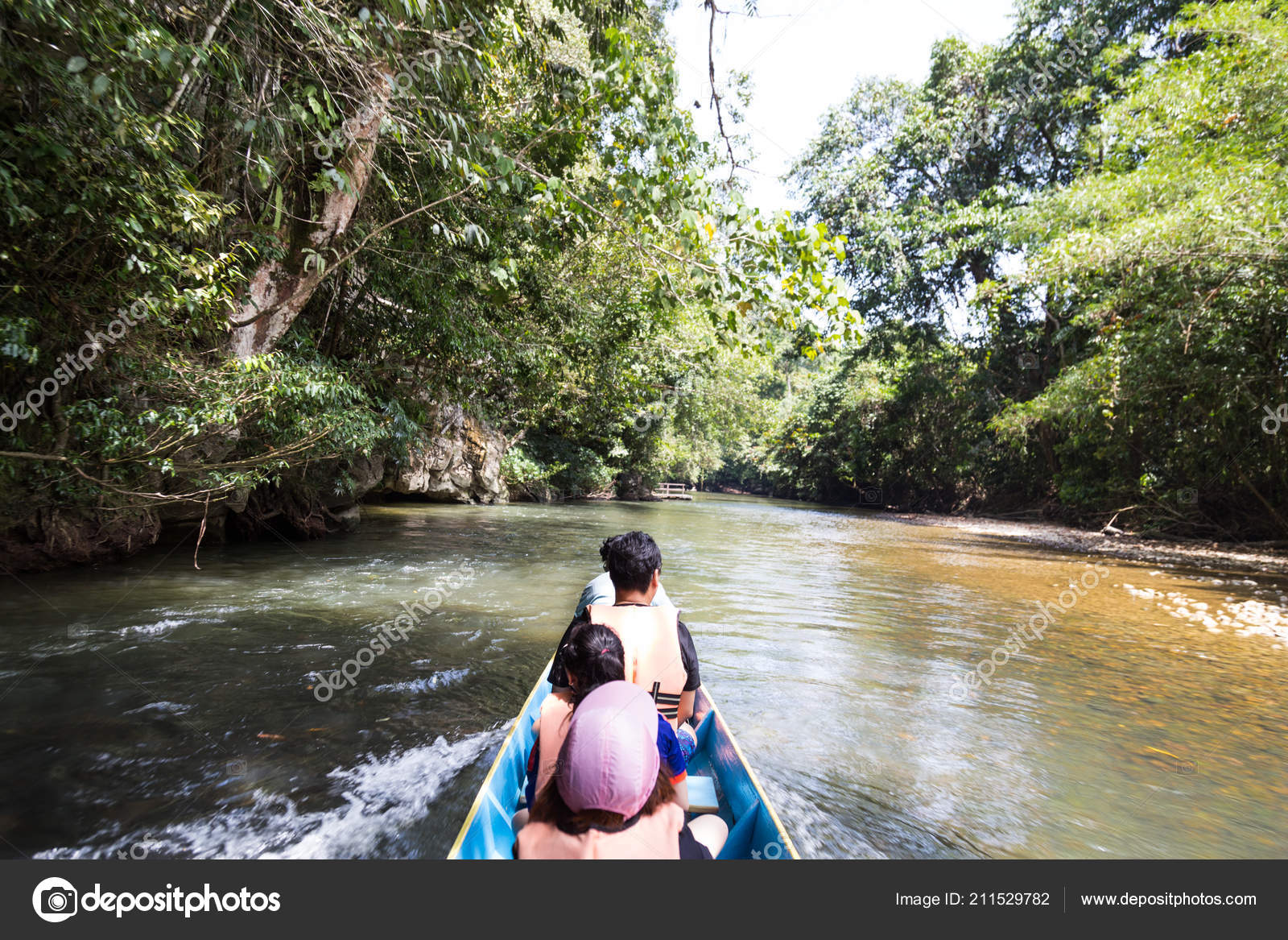 Tourists Riding Long Boat Merlinau River Wind Clear Water Caves Stock ...