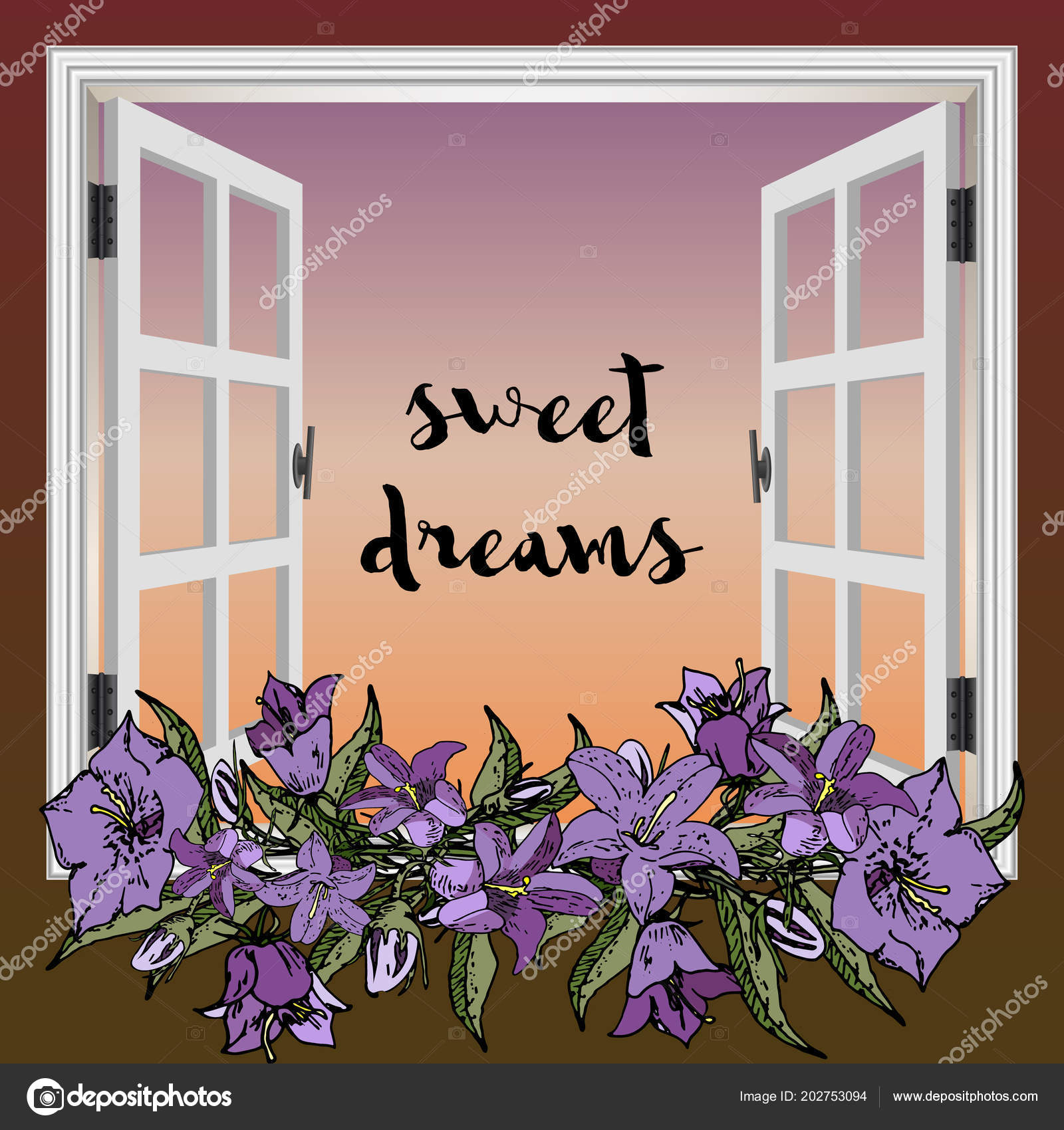 Vector window with flowers sunset. — Stock Vector © FamilyF #202753094