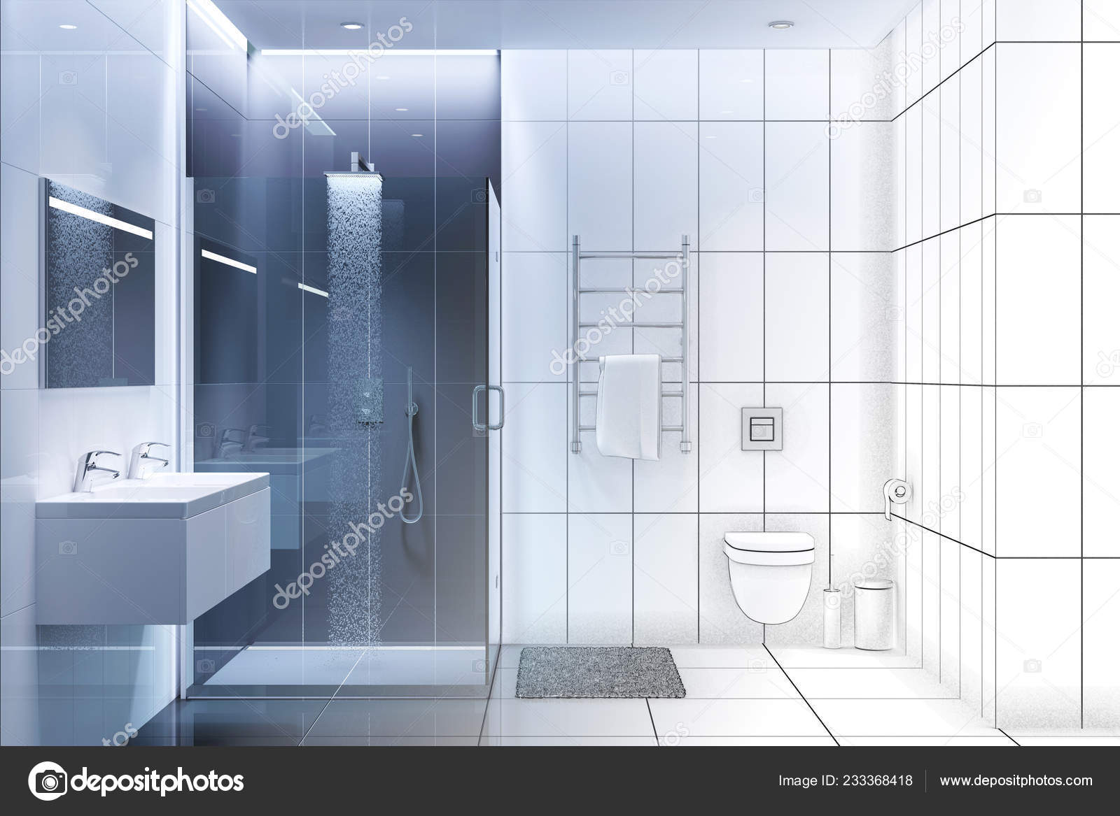 Illustration Sketch Shower Become Real Interior — Stock Photo ...