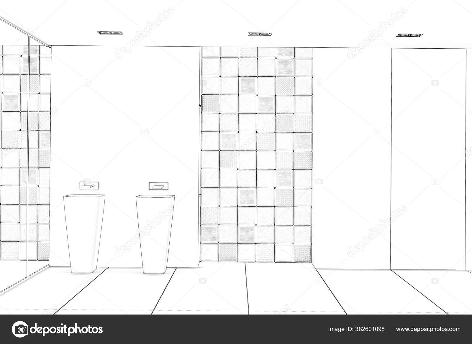 Sketch Minimalist Interior Shower Room Window Washbasins Front View ...