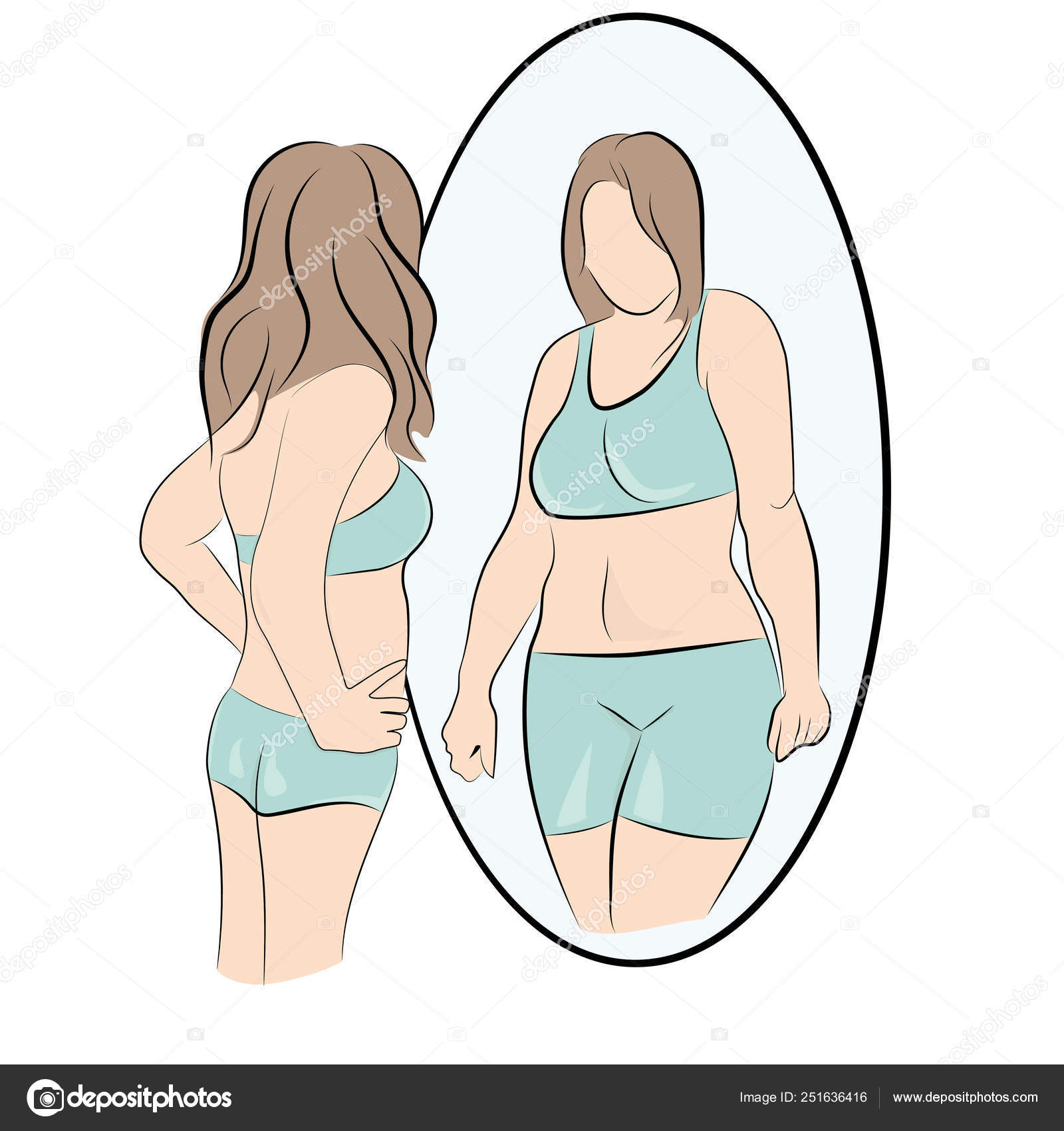 Chica Delgada Mira Espejo Mismo Gordo Ilustración Vectorial Ilustración
