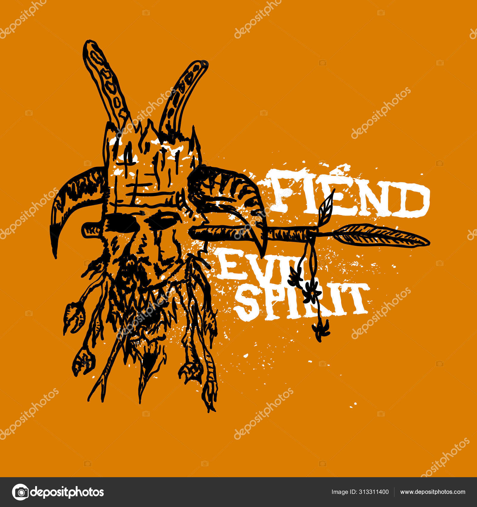 Tribal evil mask illustration. T-shirt hand drawn design. Wooden mask ...