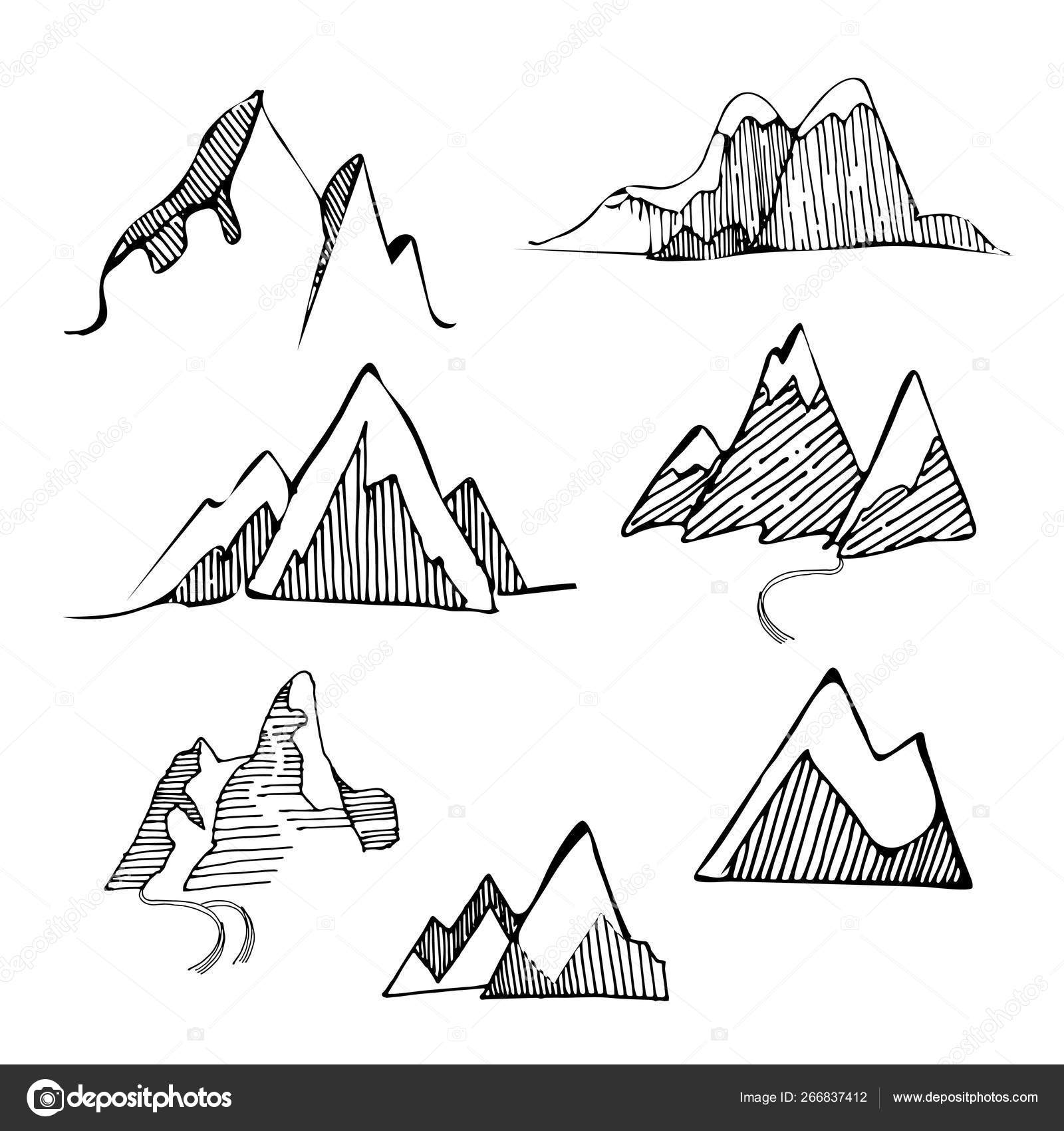 Hand drawn set of sketch mountains.Vector illustration of different ...
