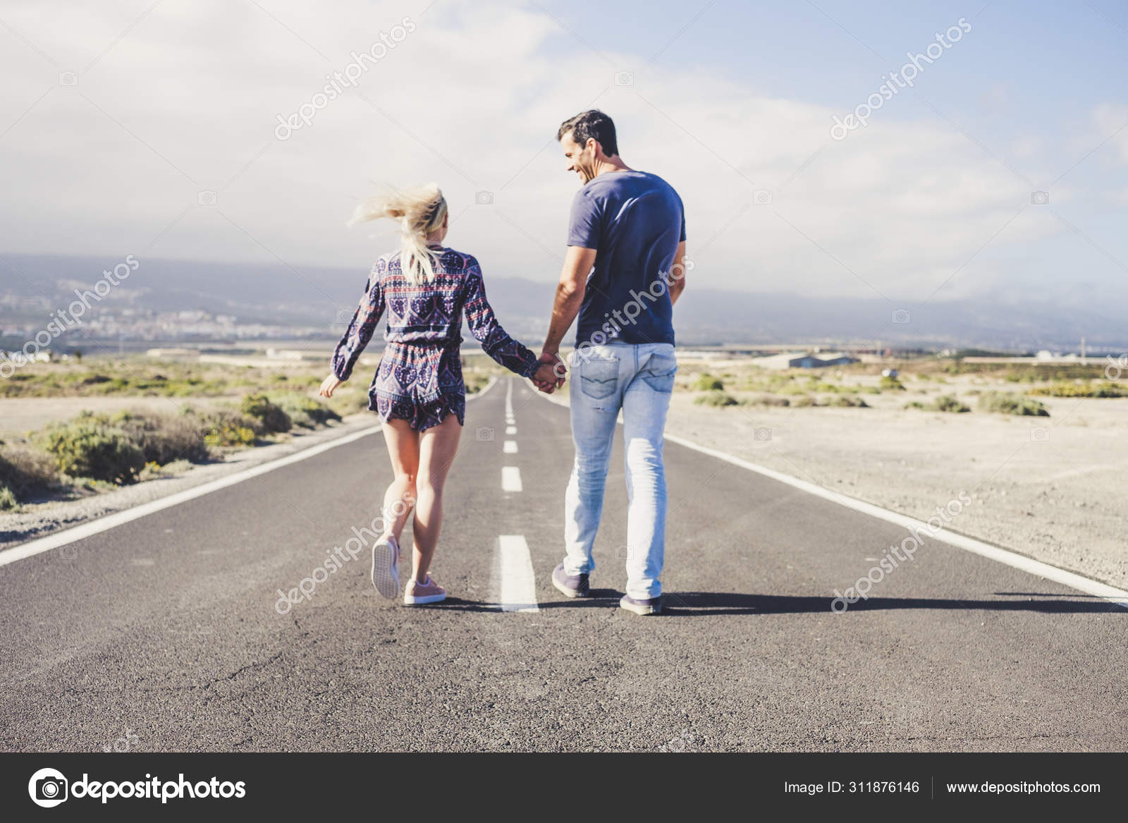 Back View Two Young People Walking Together Long Straight Road — Stock ...