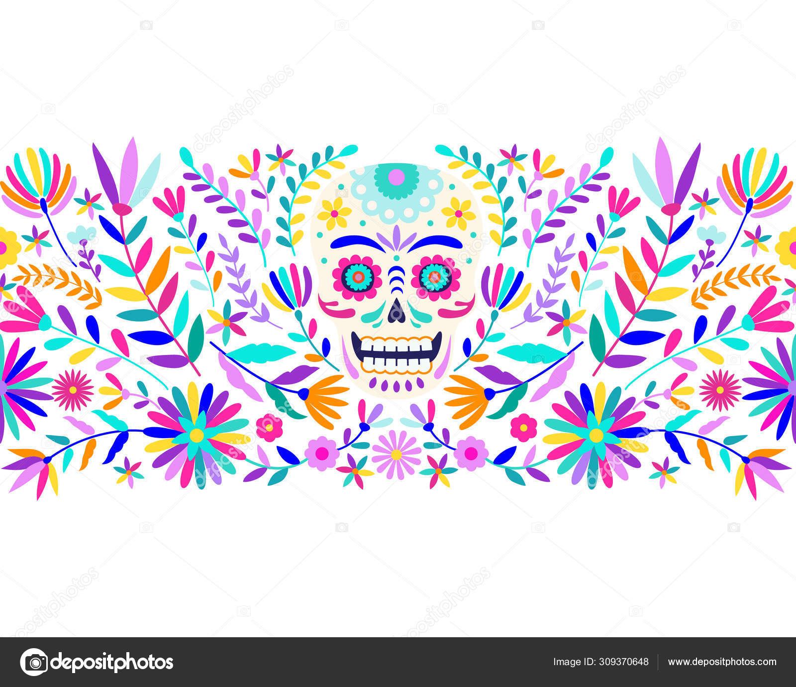 Day of Death seamless border, sugar skull, flowers in ethnic style ...