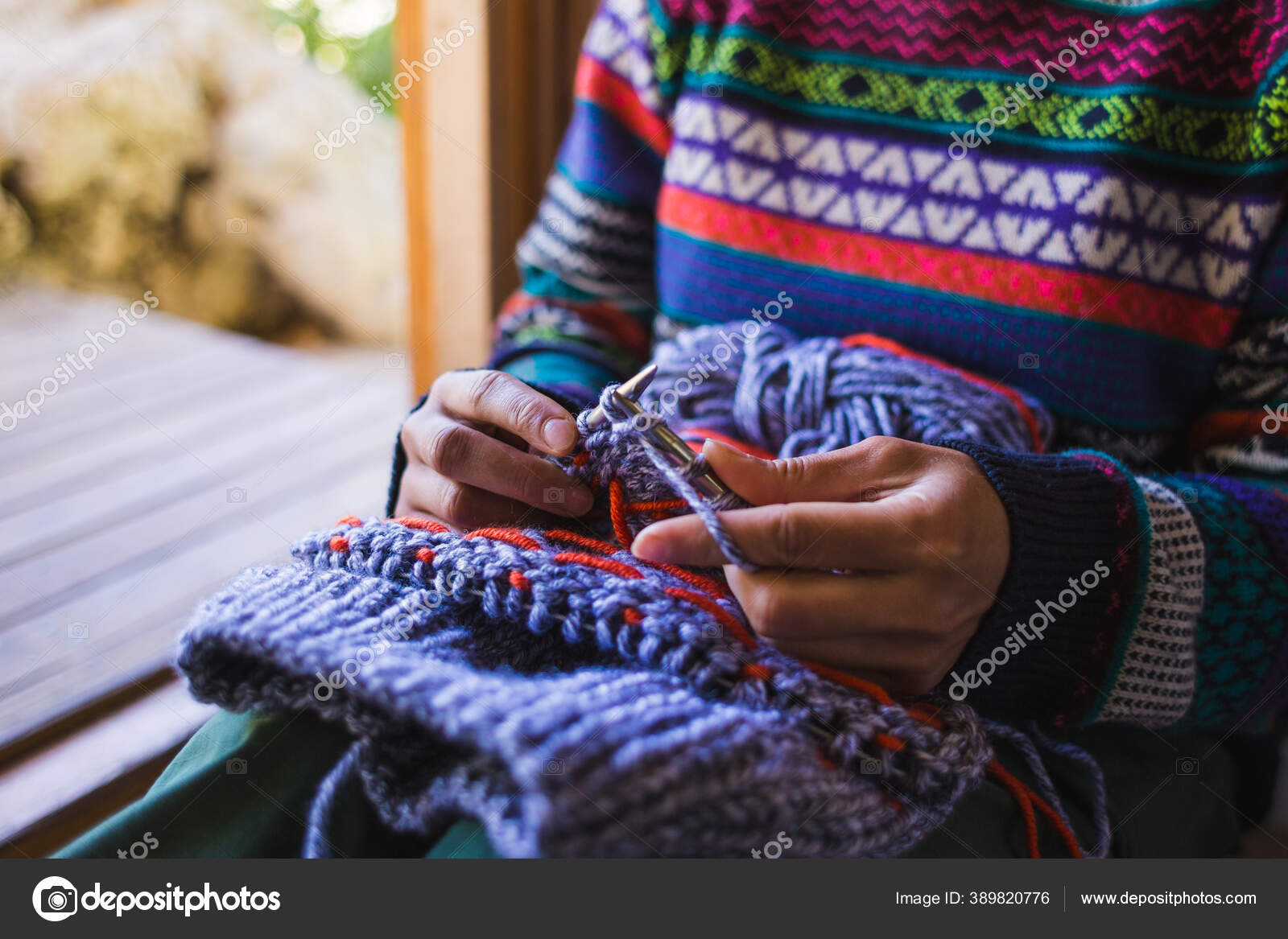 Woman Knits Hat Woolen Yarn Female Hands Close Handmade Colored — Stock ...