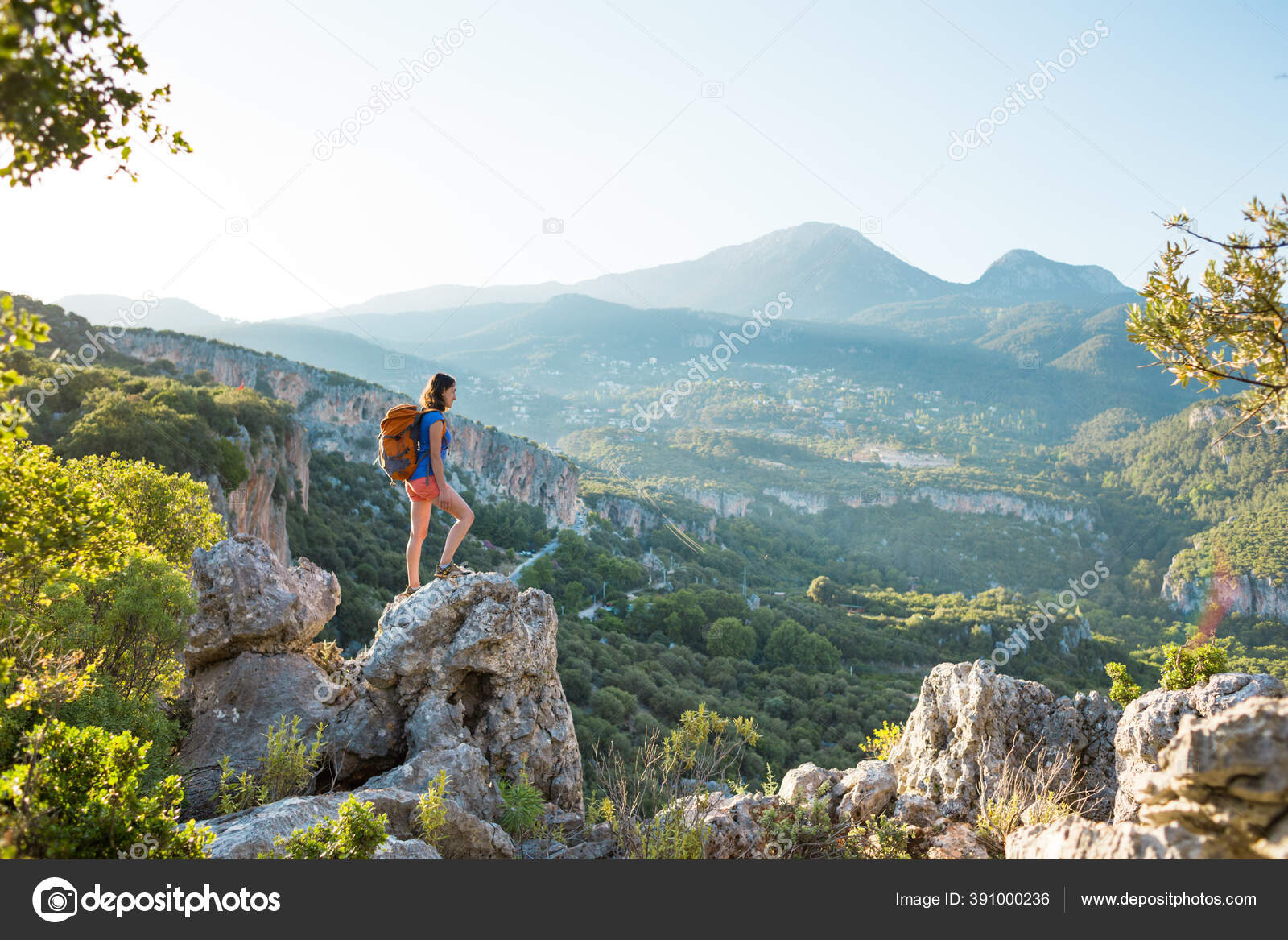 Woman Backpack Stands Top Mountain Admires Beauty Mountain Valley Girl ...
