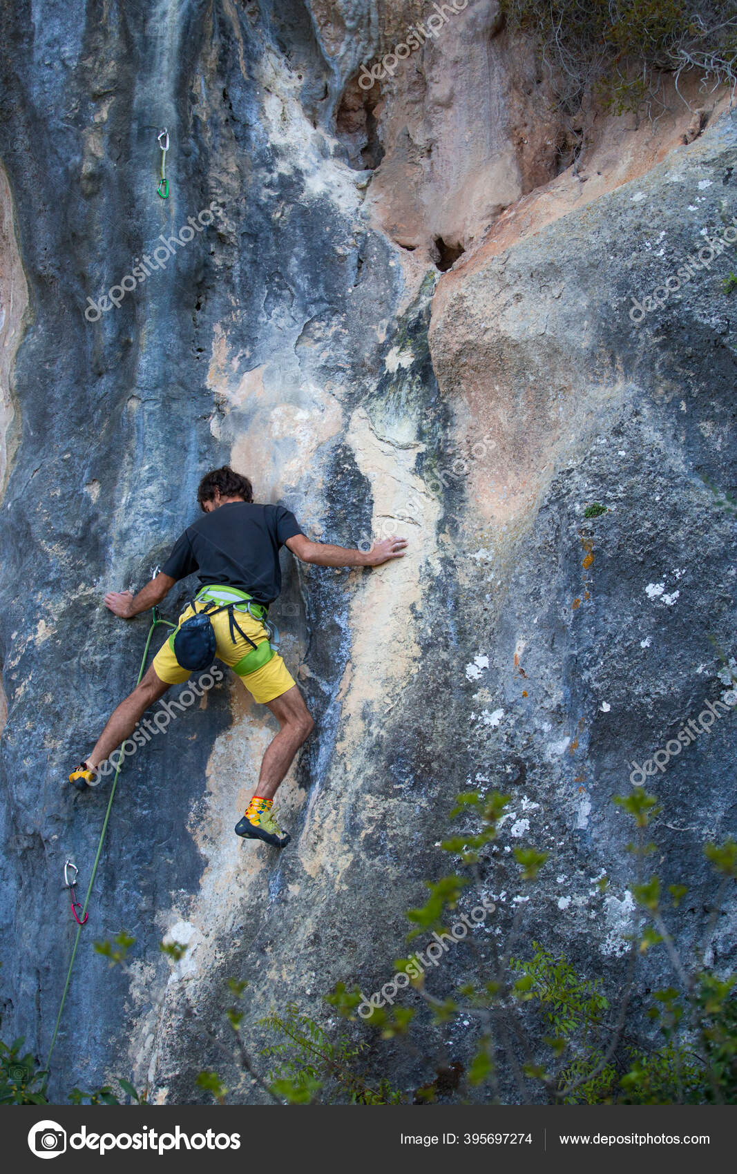 Strong Man Overcomes Difficult Climbing Route Natural Terrain Rock ...