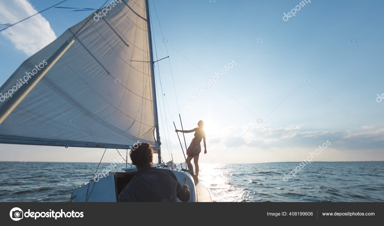 Romantic Couple Love Sail Boat Sunset Sunlight Yacht Man Woman — Stock ...