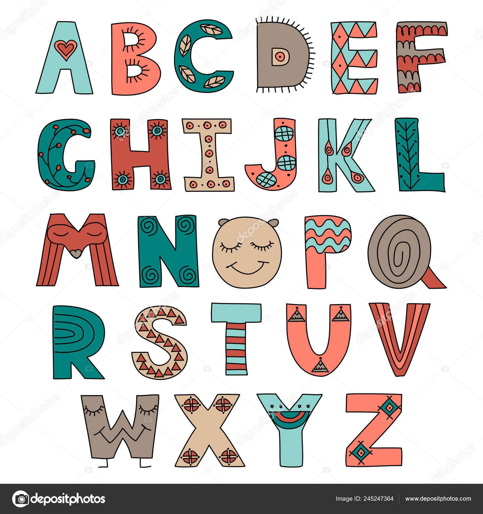 Vector Cartoon Hand Drawn Colorful Kids Ethnic Style Lettering Alphabet ...