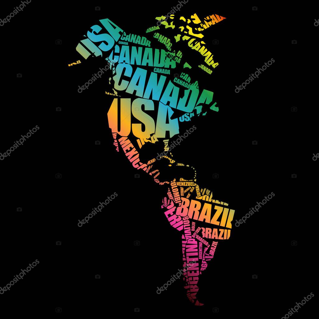 América Mapa Tipografía Palabra Nube Concepto Nombres Países Vector de ...